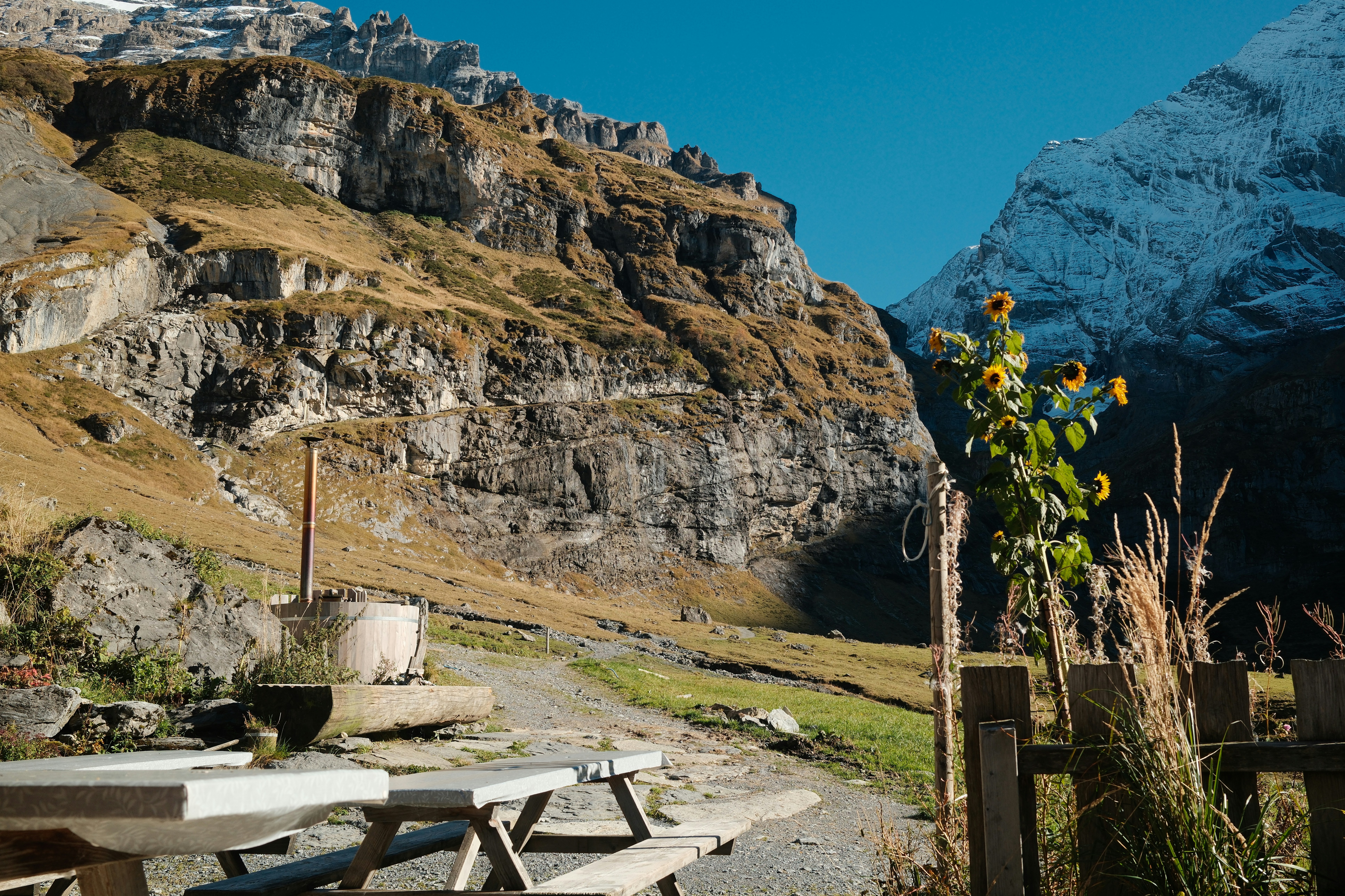 Sunlit Alpine Terrace: Picnic Tables at the Gate to the Glacier