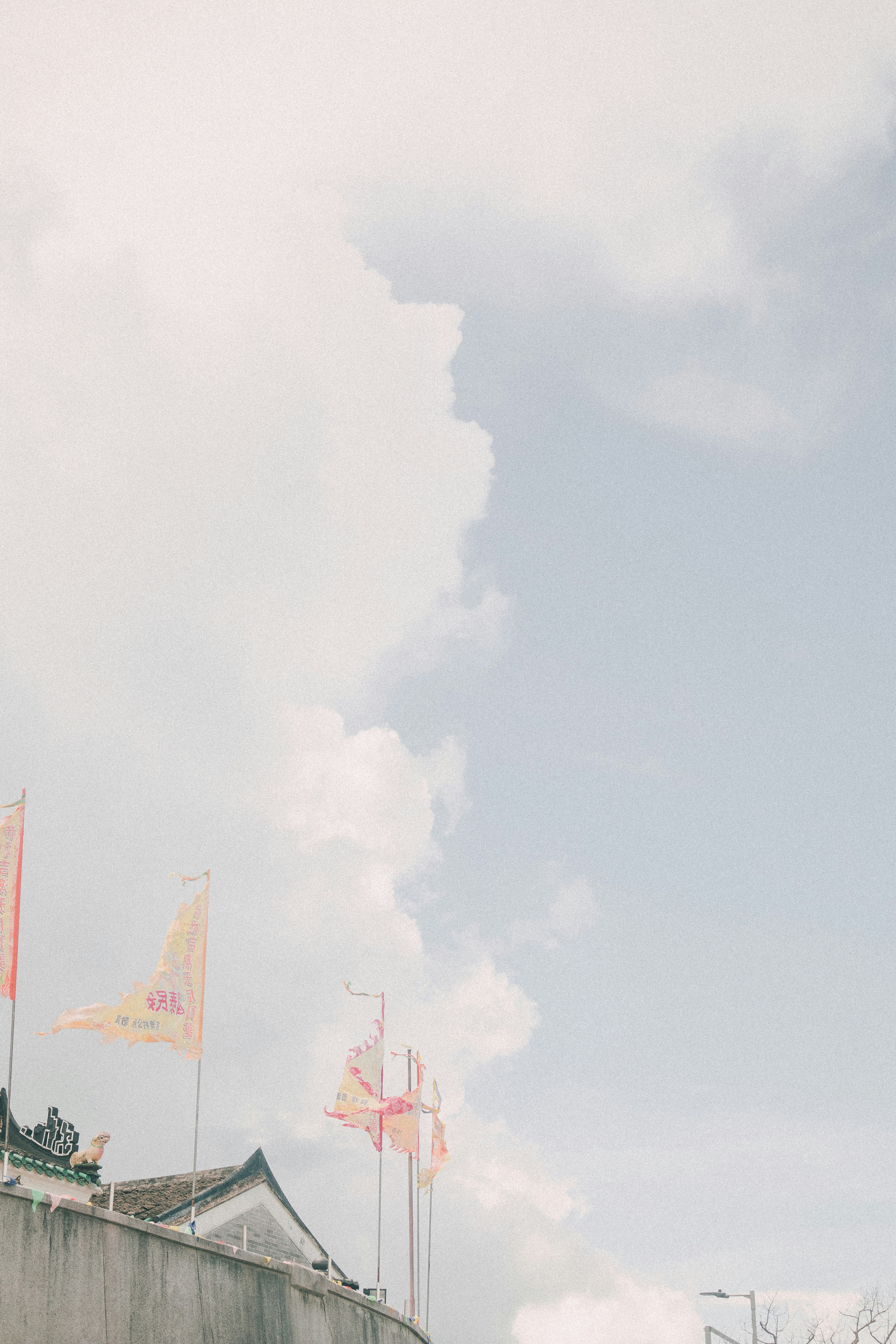 Flagged rooftops under a vast pastel sky