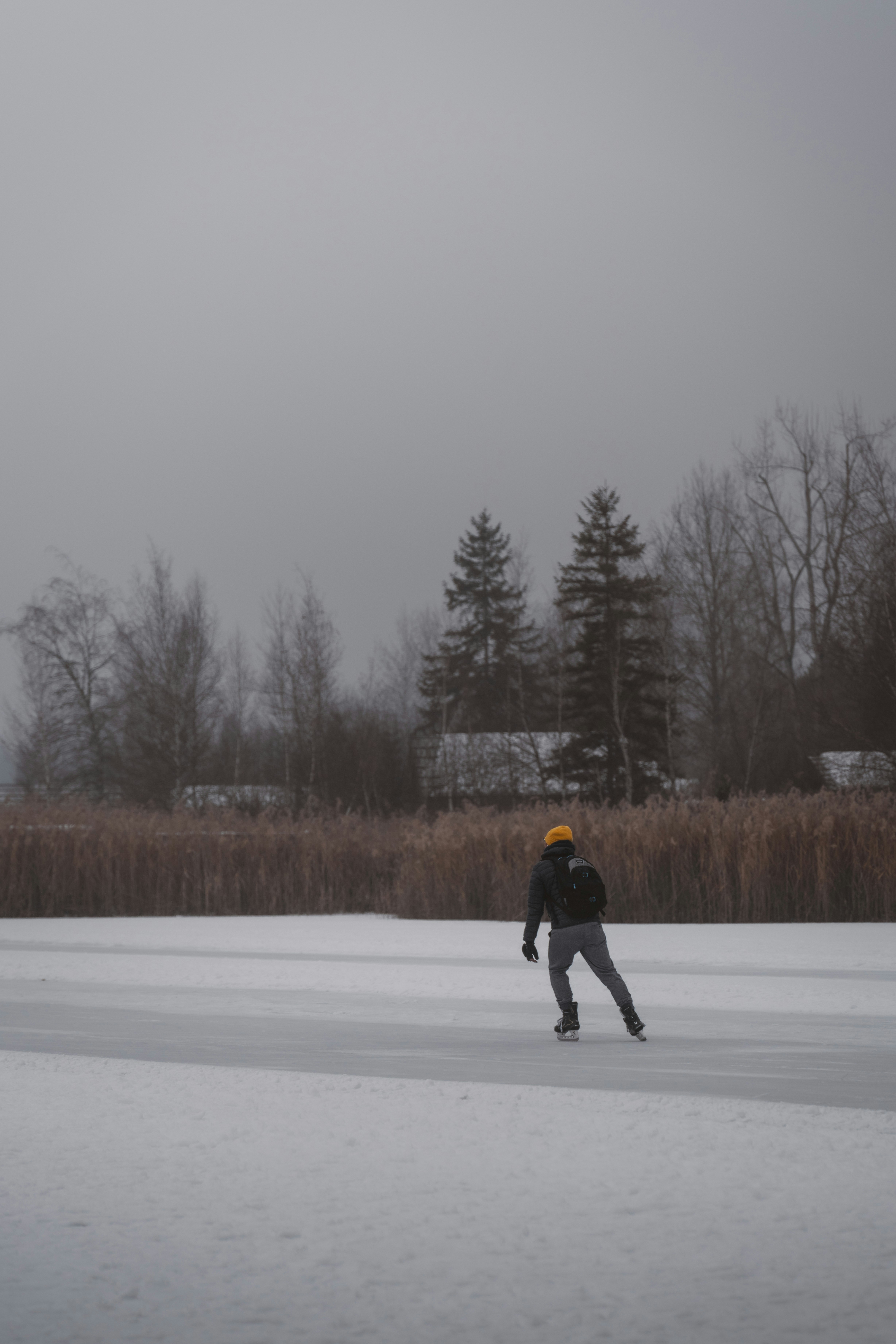 Winter Ice Skater Against a Quiet Snowfield Horizon