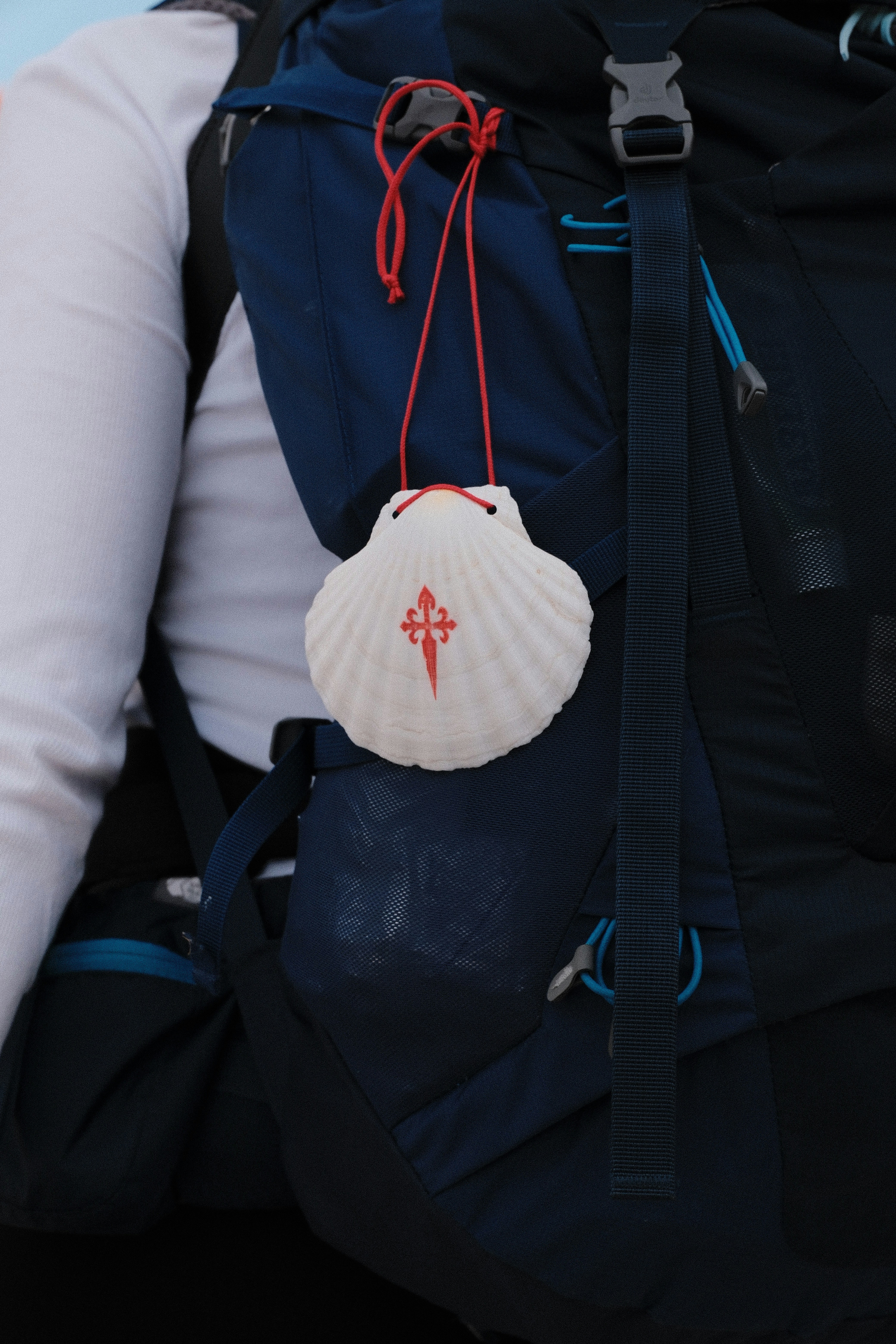 Sea shell charm on a hiker's backpack: a quiet detail of travel gear