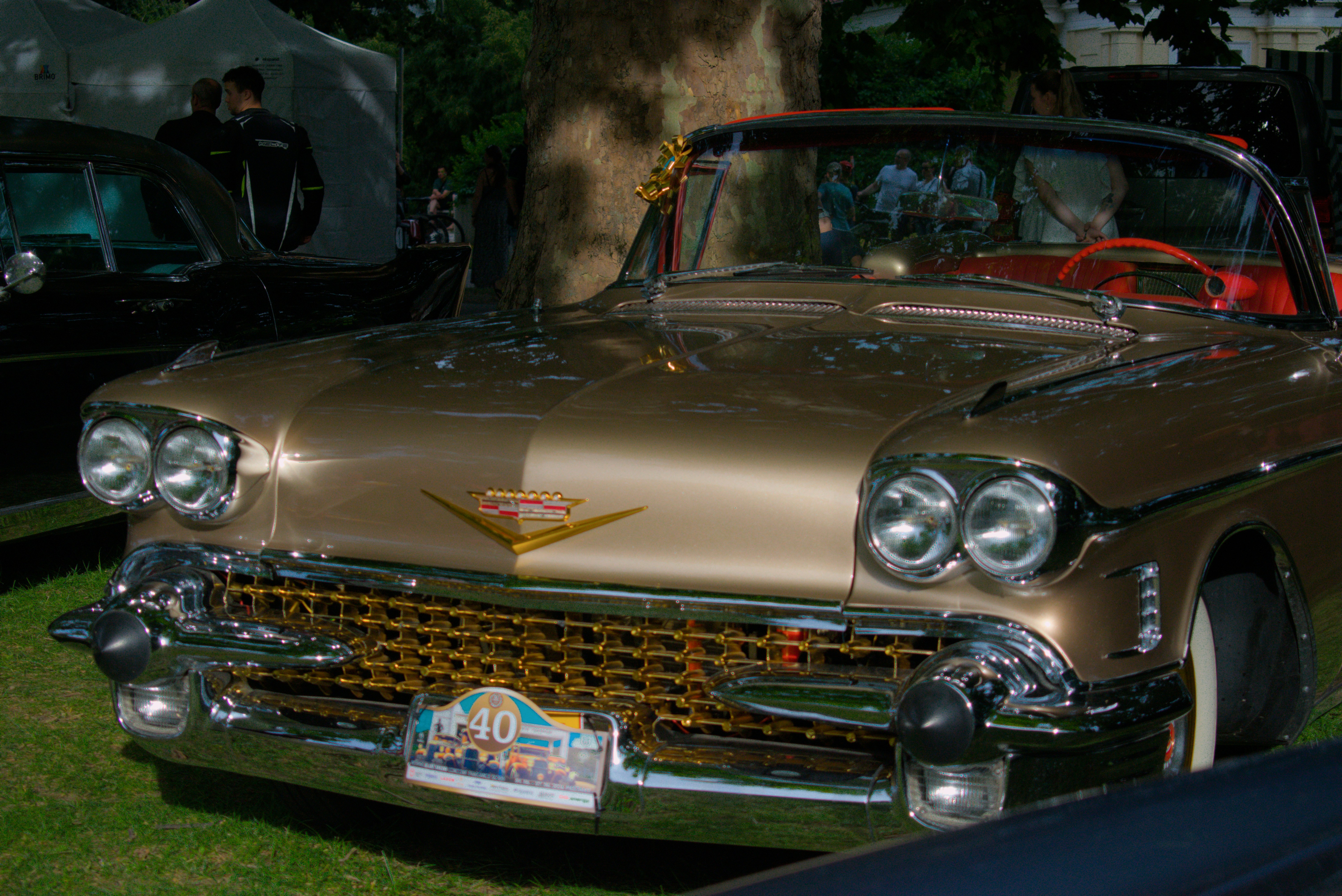 Golden Classic: Corvette at a Car Show Under Dappled Park Shade