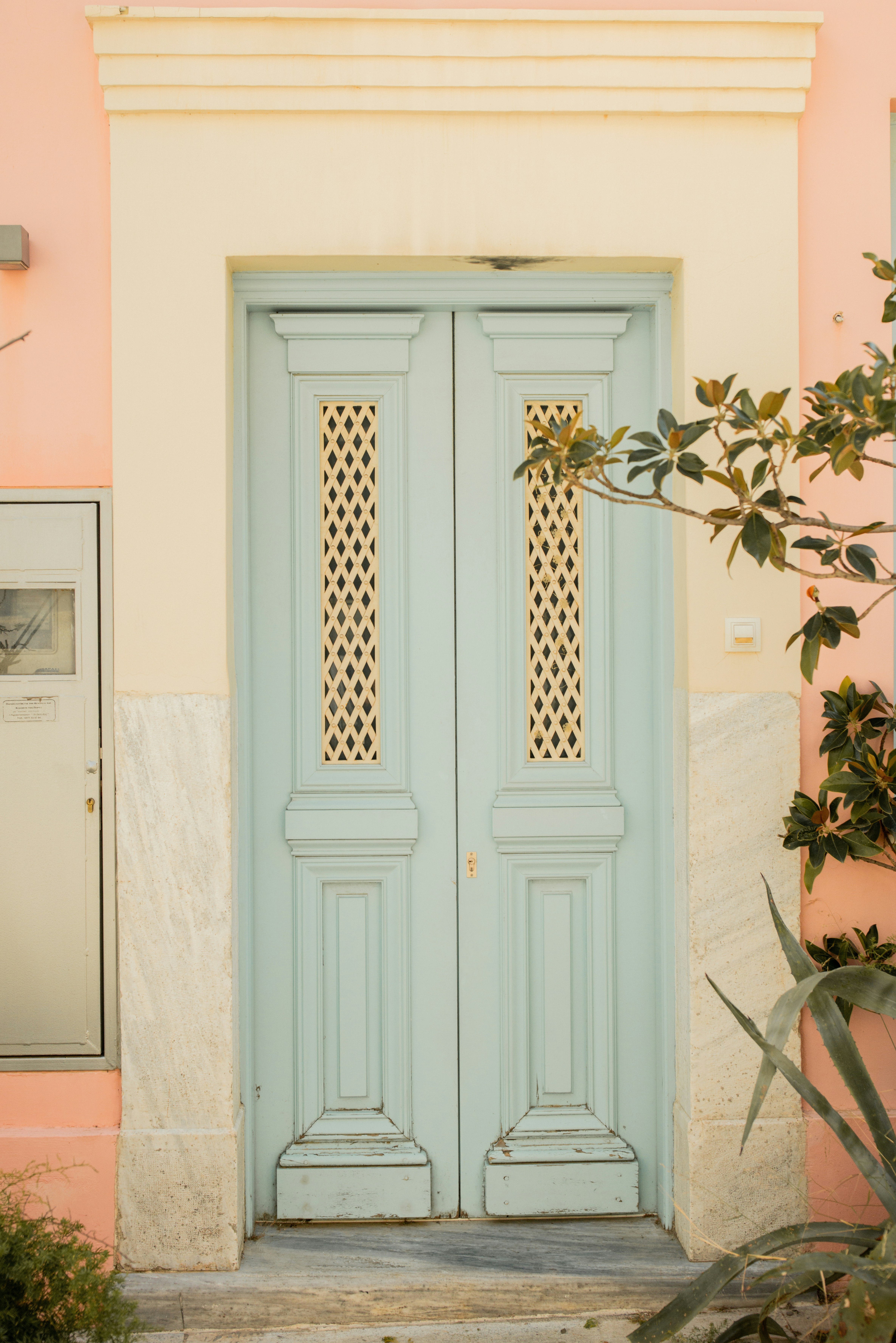Pastel doorway with mint doors and climbing greenery