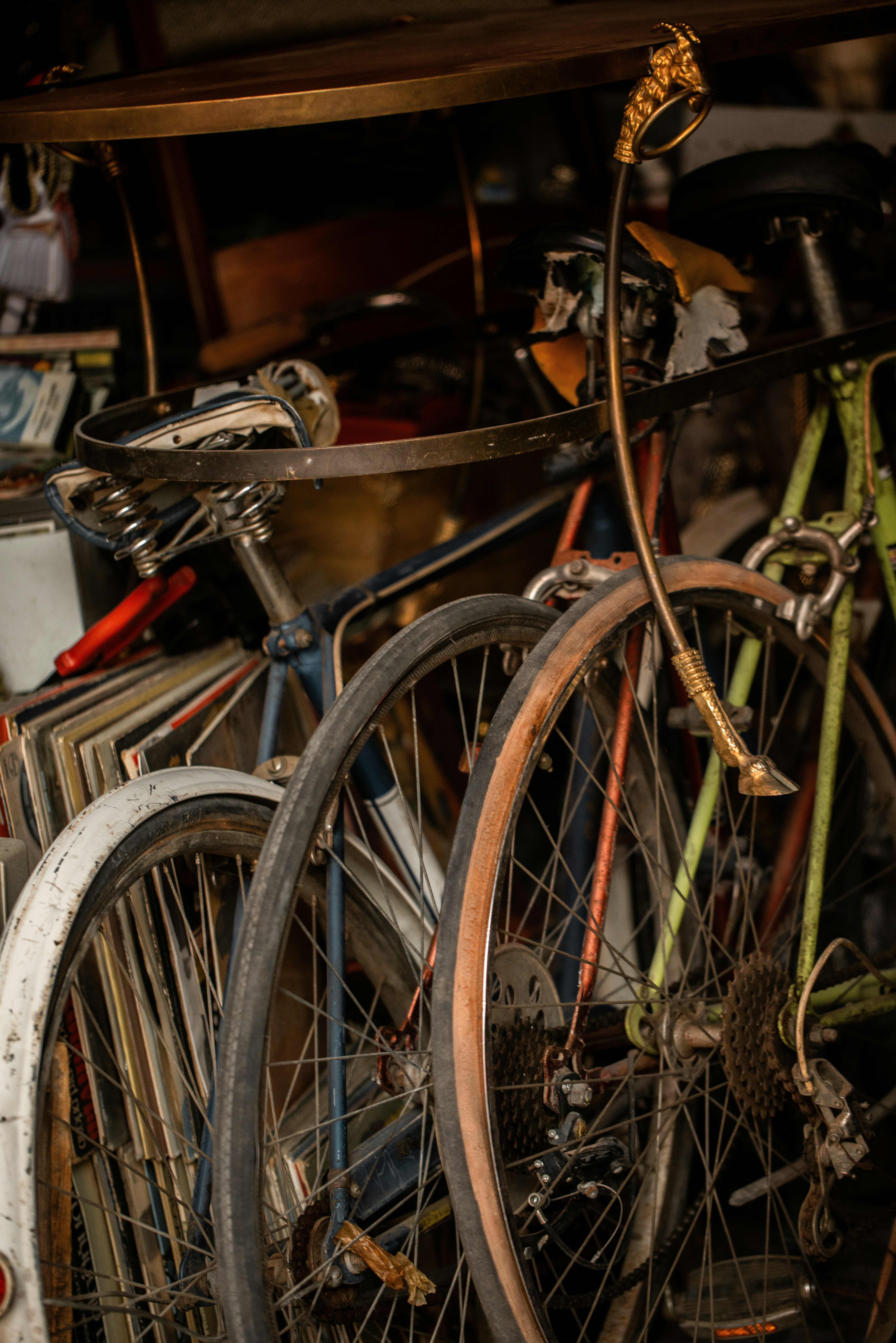 Dusty bikes in a cluttered shed: gears, tires, and memories