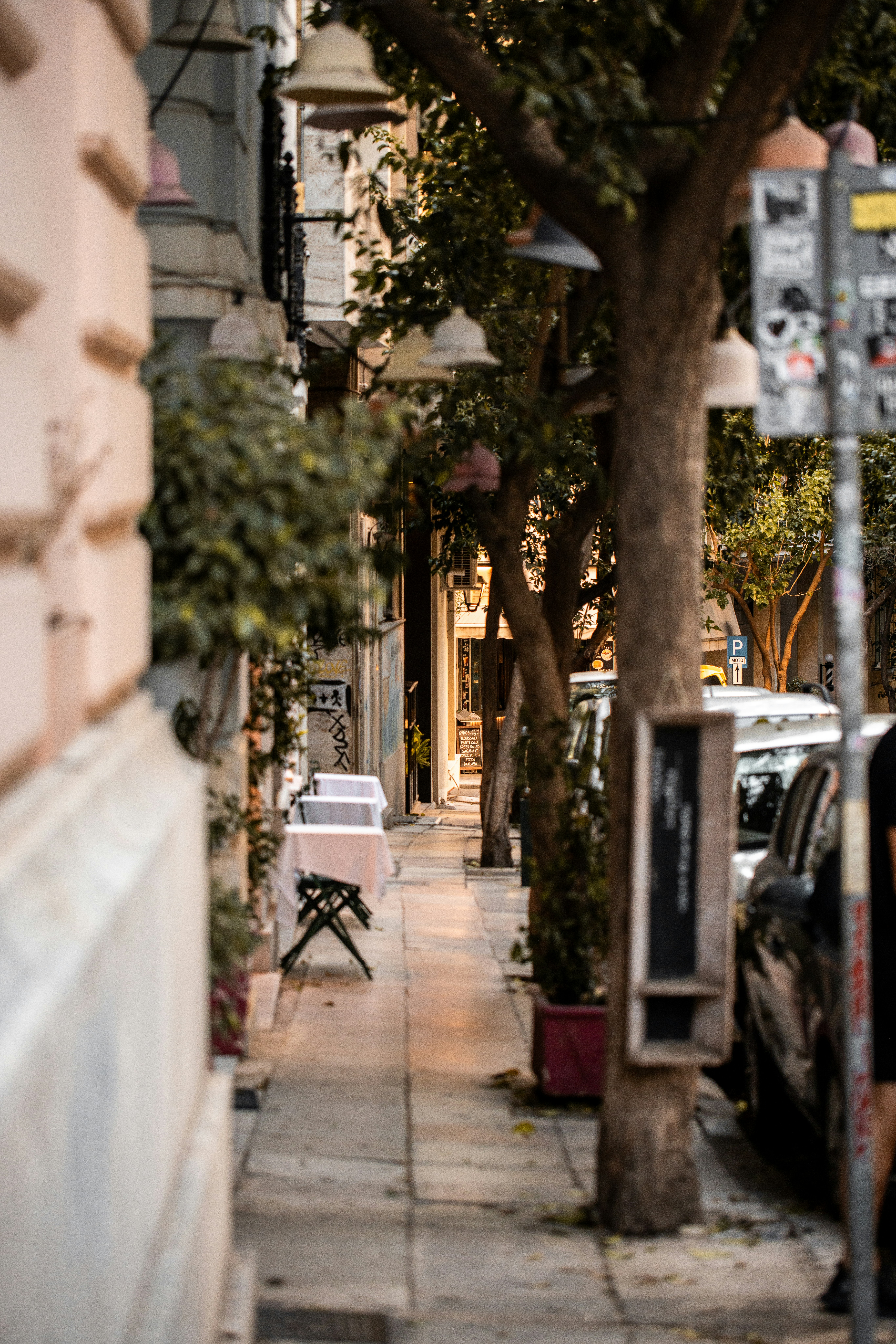 Sunlit Alleyway with Distant Café Glow