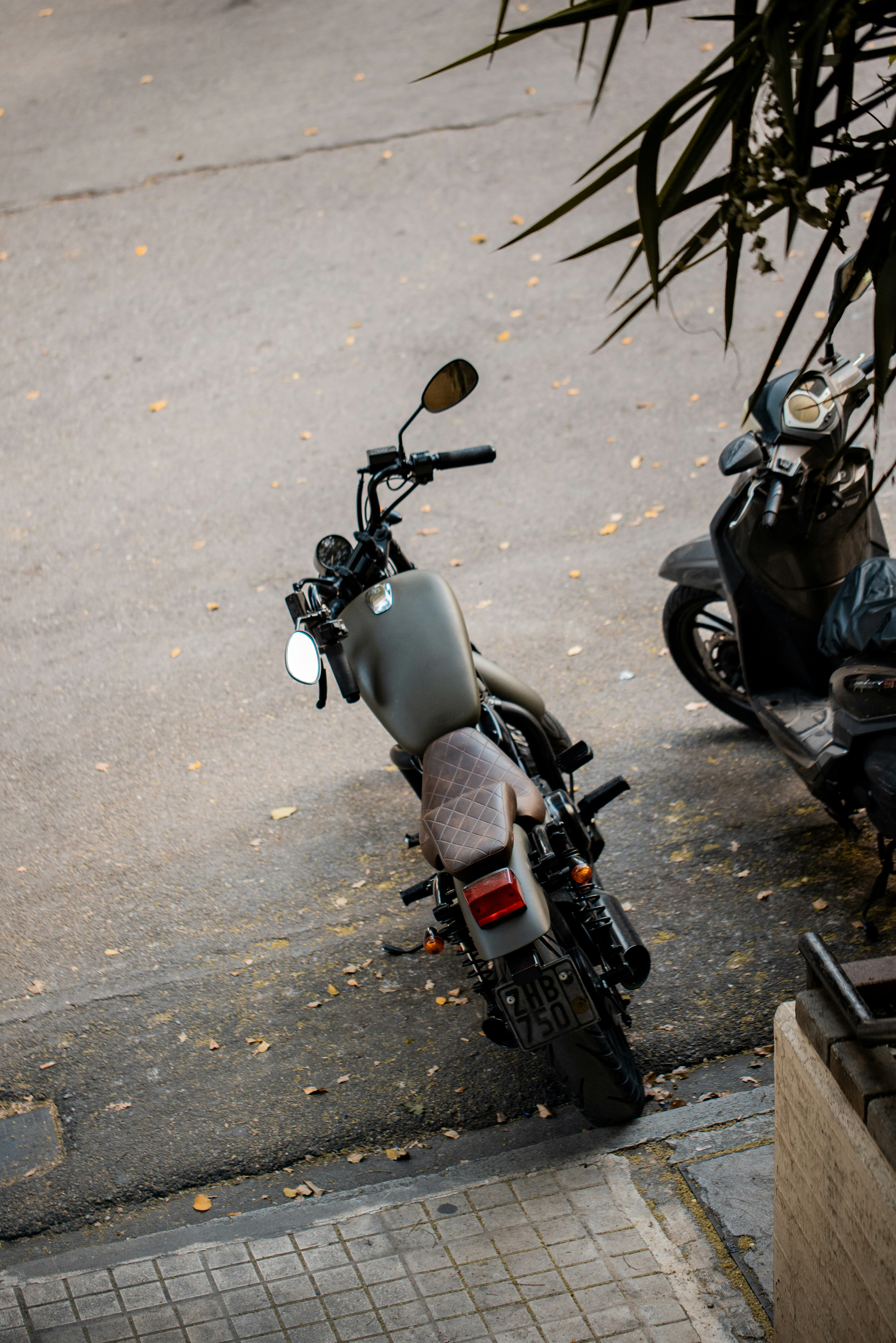 Muted Urban Ride: A Viper-green Motorcycle Resting Along the Curbs
