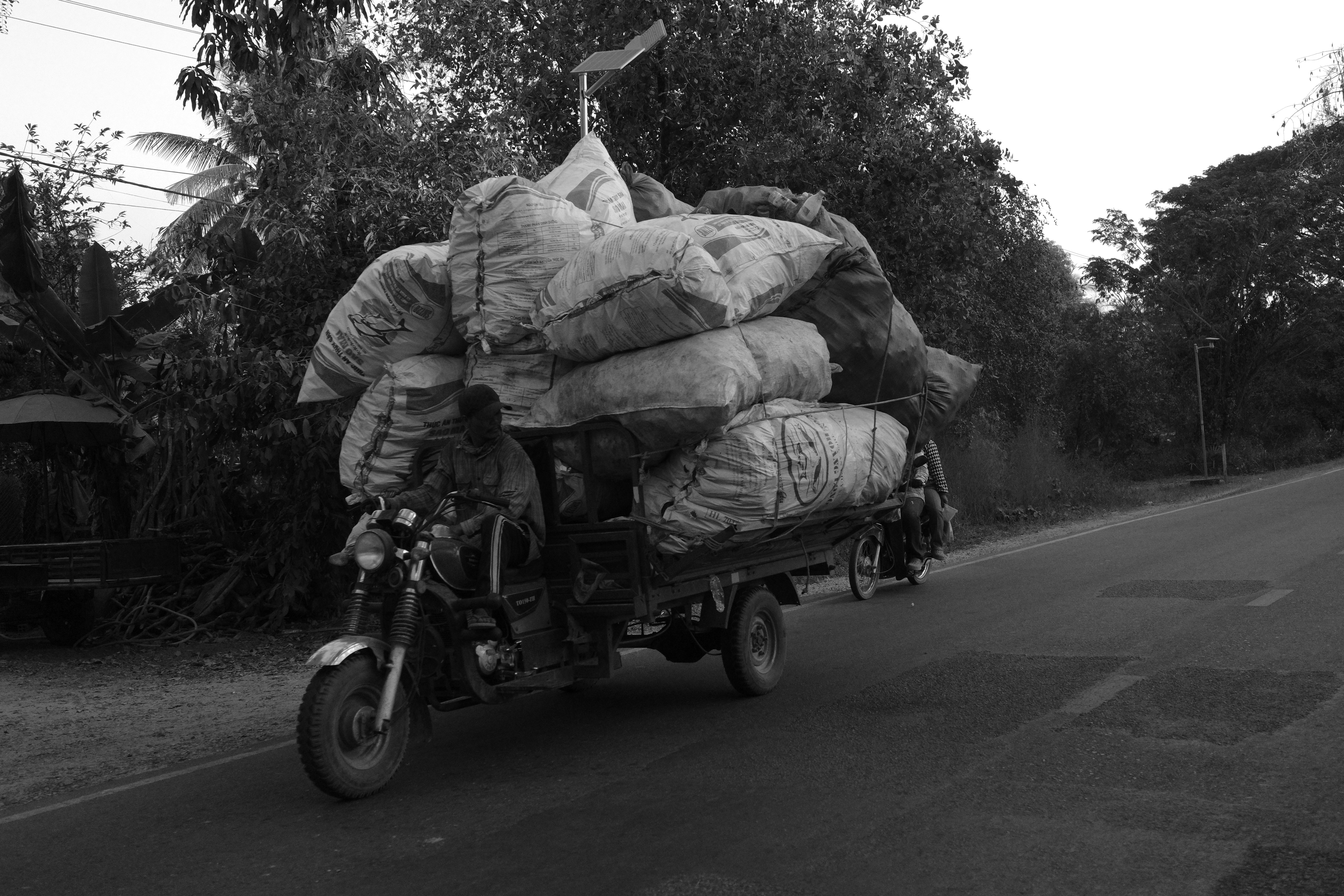 Laden on Wheels: A Ramshackle Load Traverses a Quiet Road