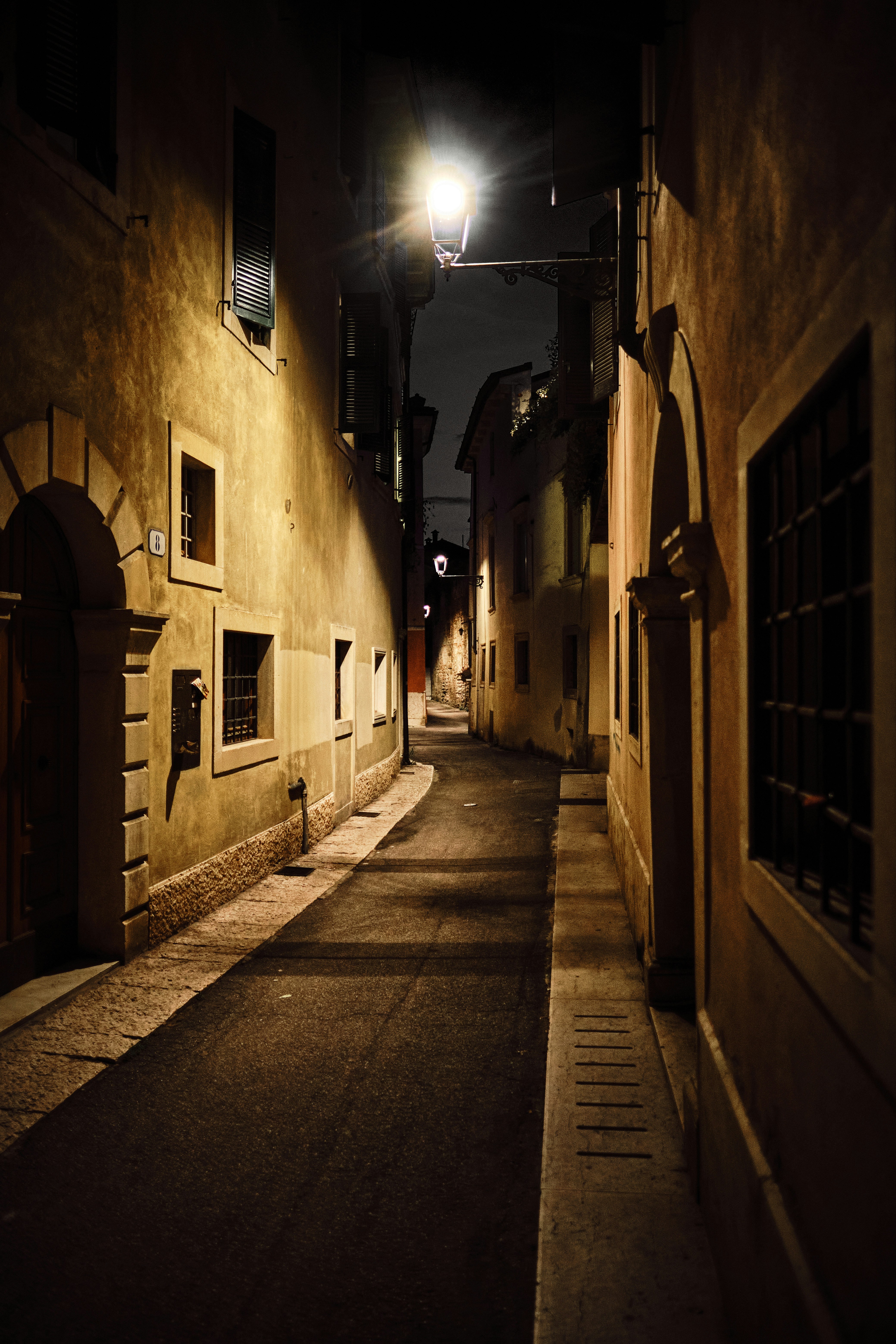 Midnight Calle: Streetlight Corridor Vanishing into Shadowed Town