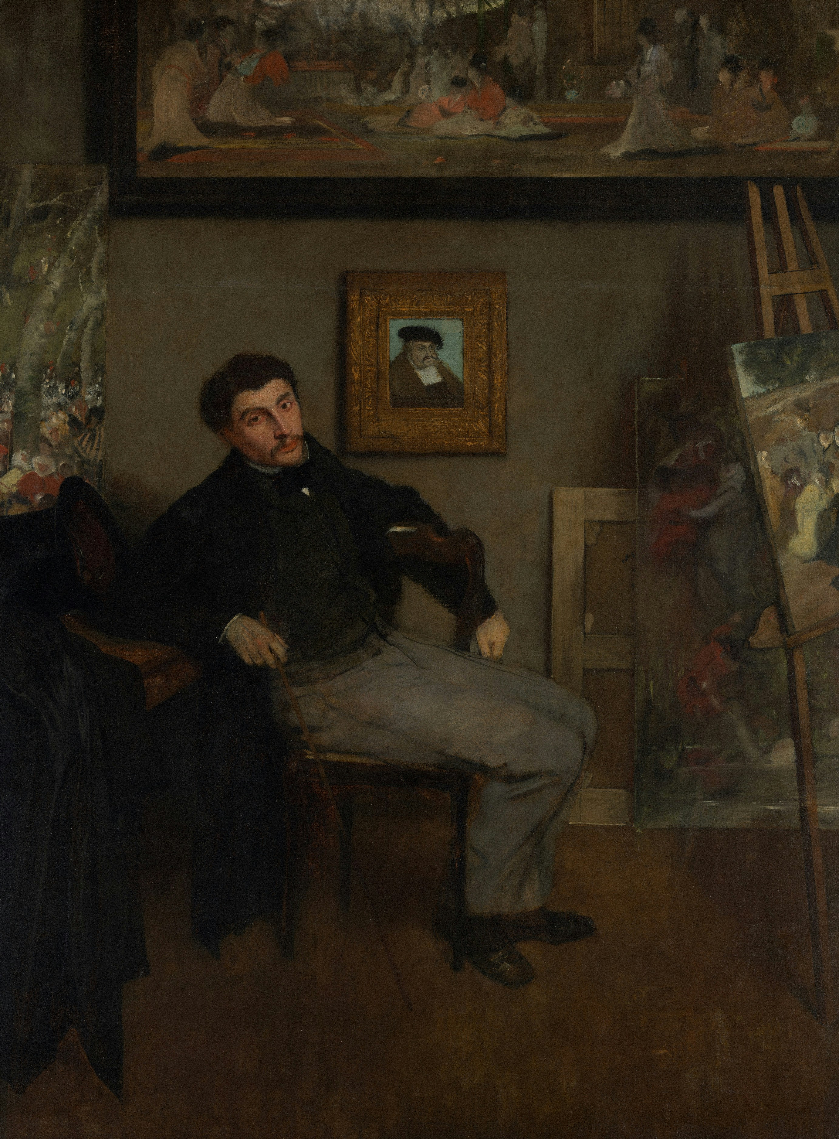 Title: James-Jacques-Joseph Tissot (1836–1902),Artist: Edgar Degas (French, Paris 1834–1917 Paris),Date: ca. 1867–68,Medium: Oil on canvas,Dimensions: 59 5/8 x 44 in. (151.4 x 111.8 cm),Classification: Paintings,Credit Line: Rogers Fund, 1939,Object Number: 39.161,Curatorial Department: European Paintings. http://www.metmuseum.org/art/collection/search/436144