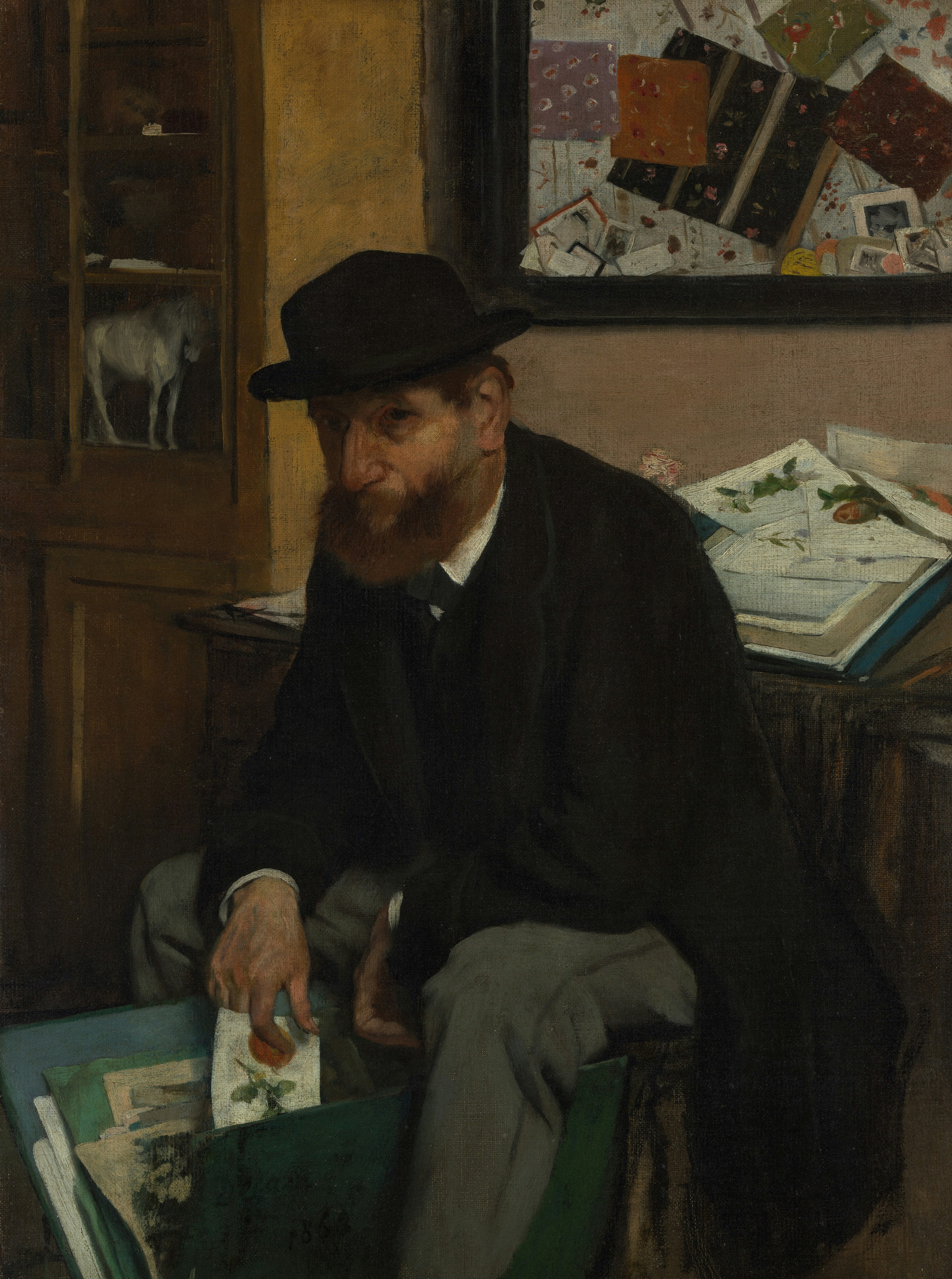 Title: The Collector of Prints,Artist: Edgar Degas (French, Paris 1834–1917 Paris),Date: 1866,Medium: Oil on canvas,Dimensions: 20 7/8 x 15 3/4 in. (53 x 40 cm),Classification: Paintings,Credit Line: H. O. Havemeyer Collection, Bequest of Mrs. H. O. Havemeyer, 1929,Object Number: 29.100.44,Curatorial Department: European Paintings. http://www.metmuseum.org/art/collection/search/436122