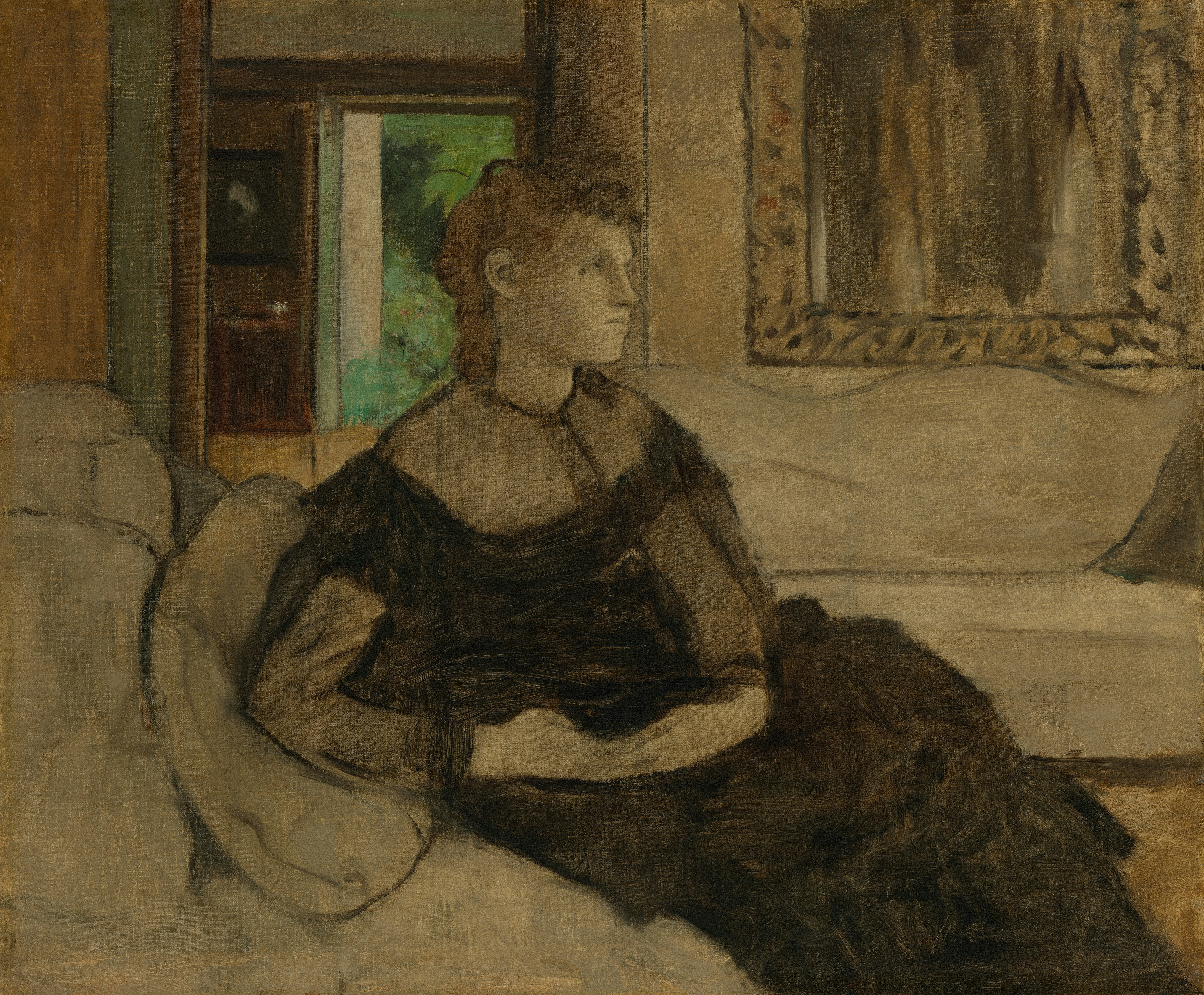 Pastel-toned painting of a seated woman in a black dress on a sofa, with a window and ornate wall hanging in the background. A calm, interior scene, likely an 19th-century study of domestic space.