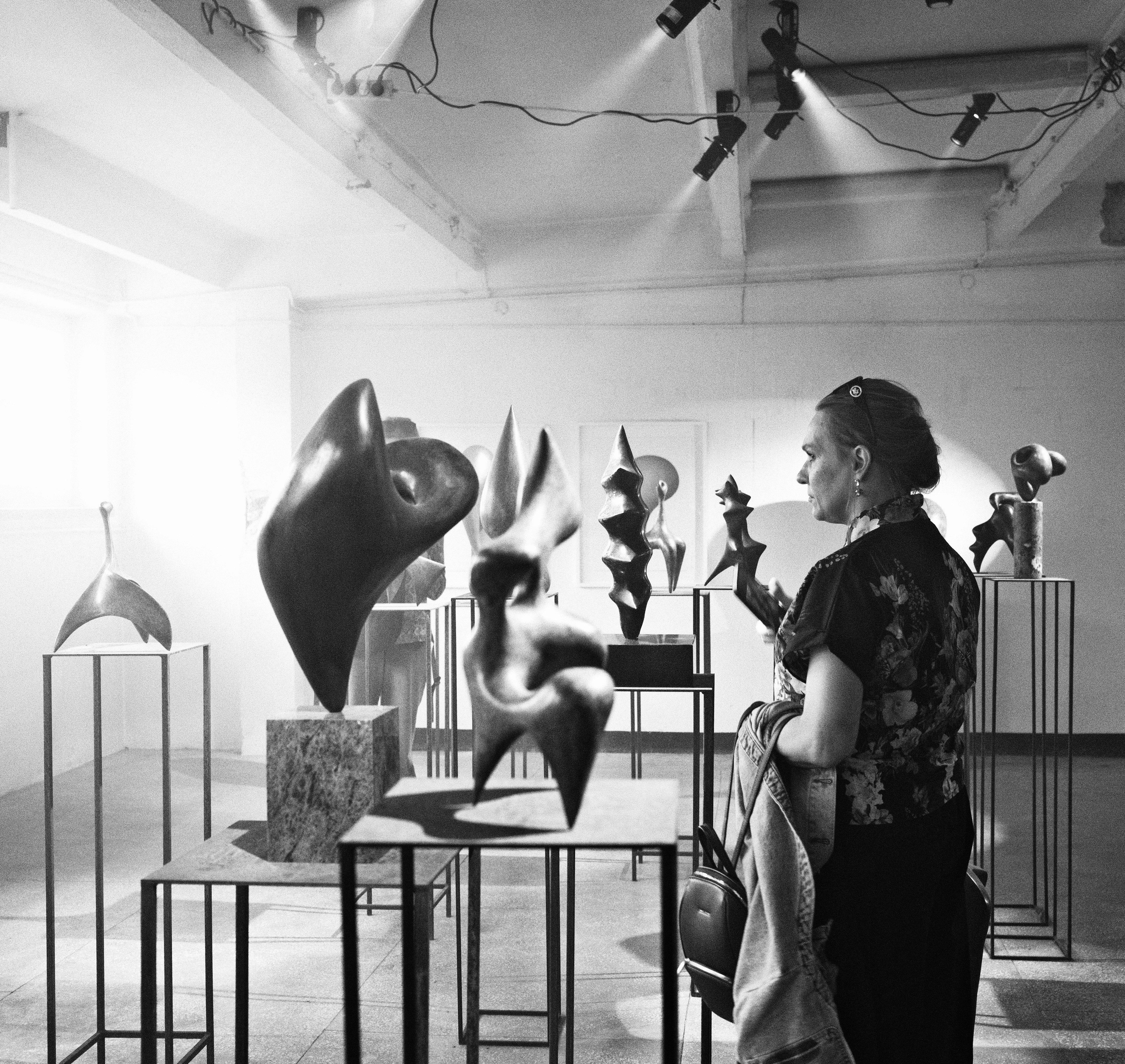Silent Curves: a visitor contemplates sculptural echoes in monochrome gallery