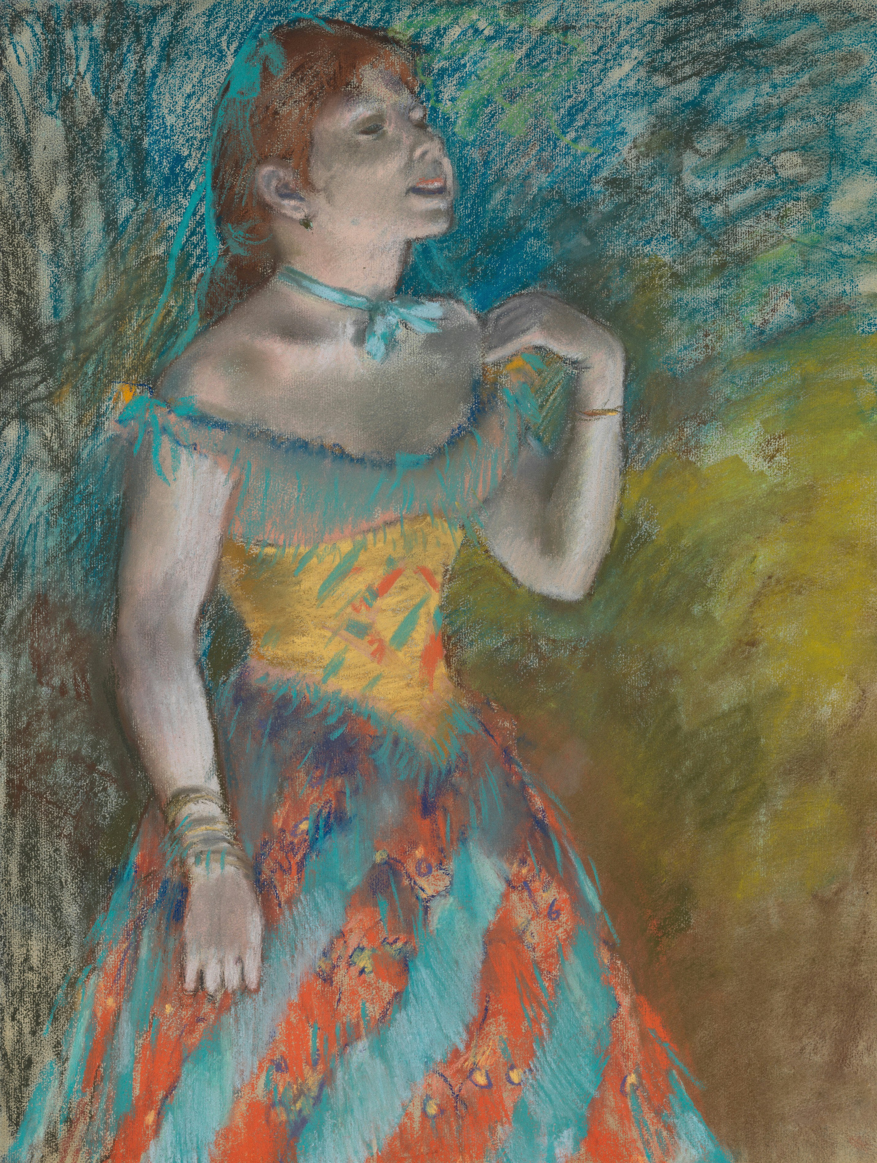 Portrait in Pastel Fire: A Shoulder-Tasket Diva in Vibrant Dress