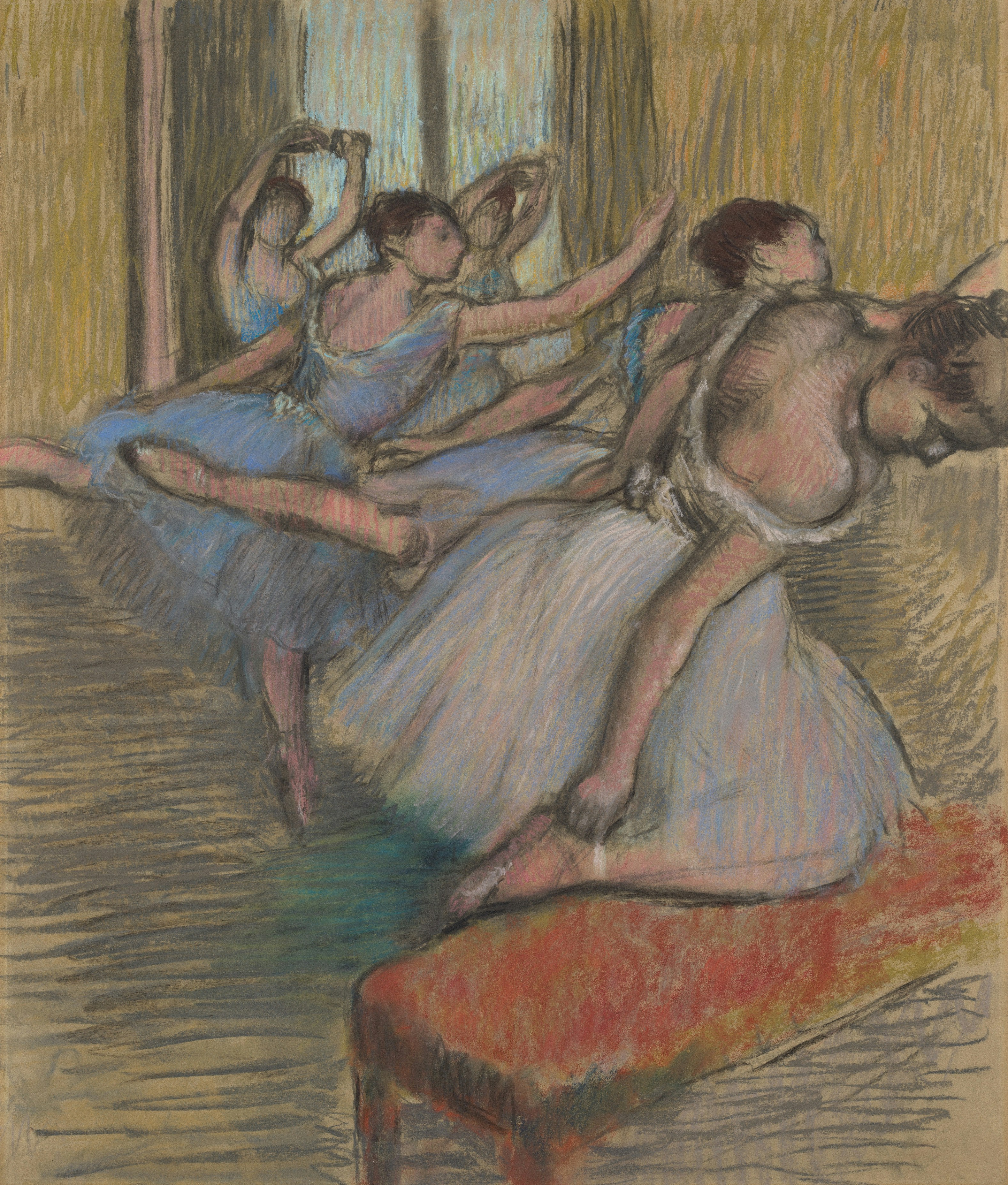 Dancers in motion: pastel study of a ballet class