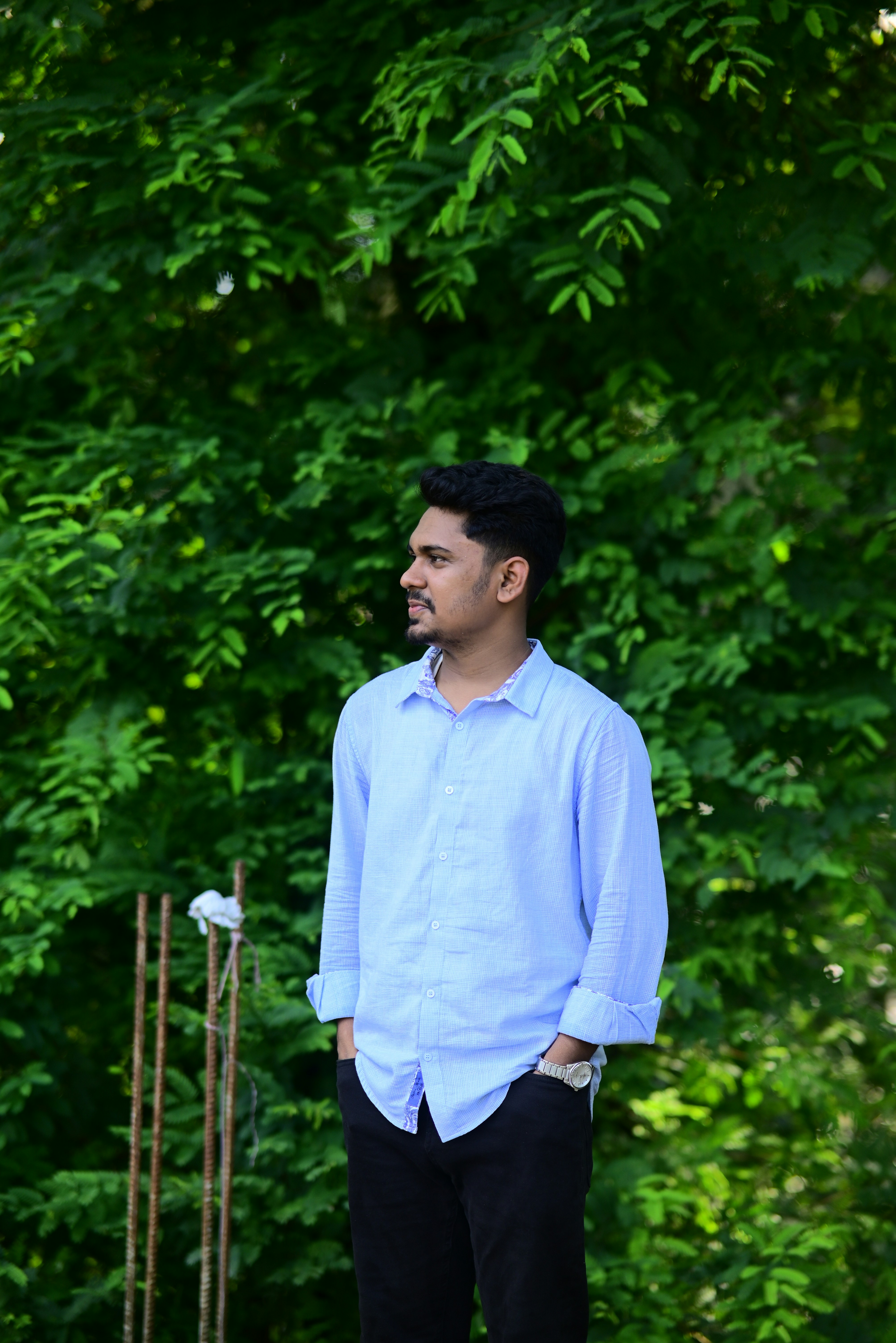 Gentleman in Light Blue: Portrait Against Verdant Backdrop