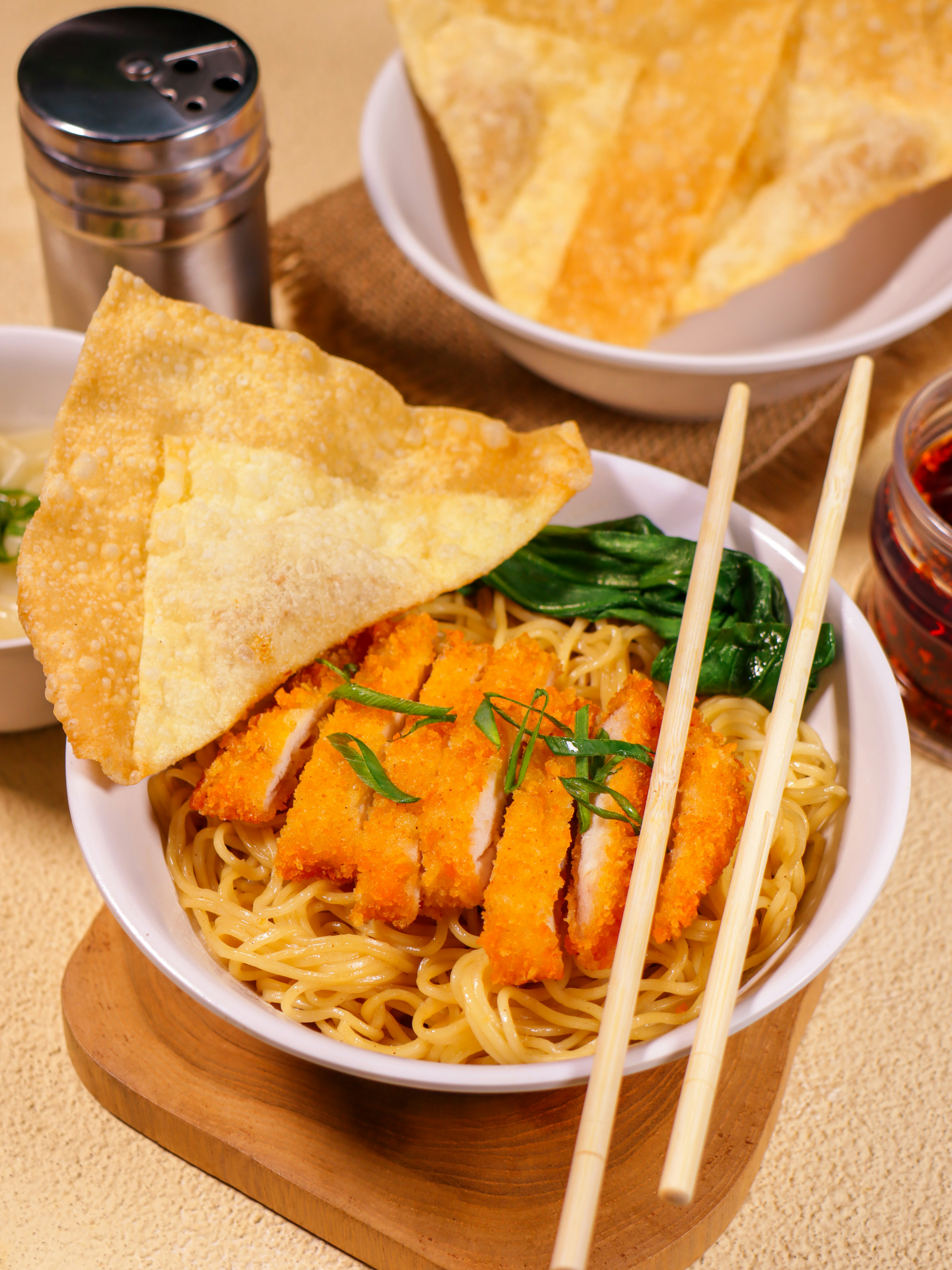 Noodle Bowl with Crispy Chicken and Snap Peas