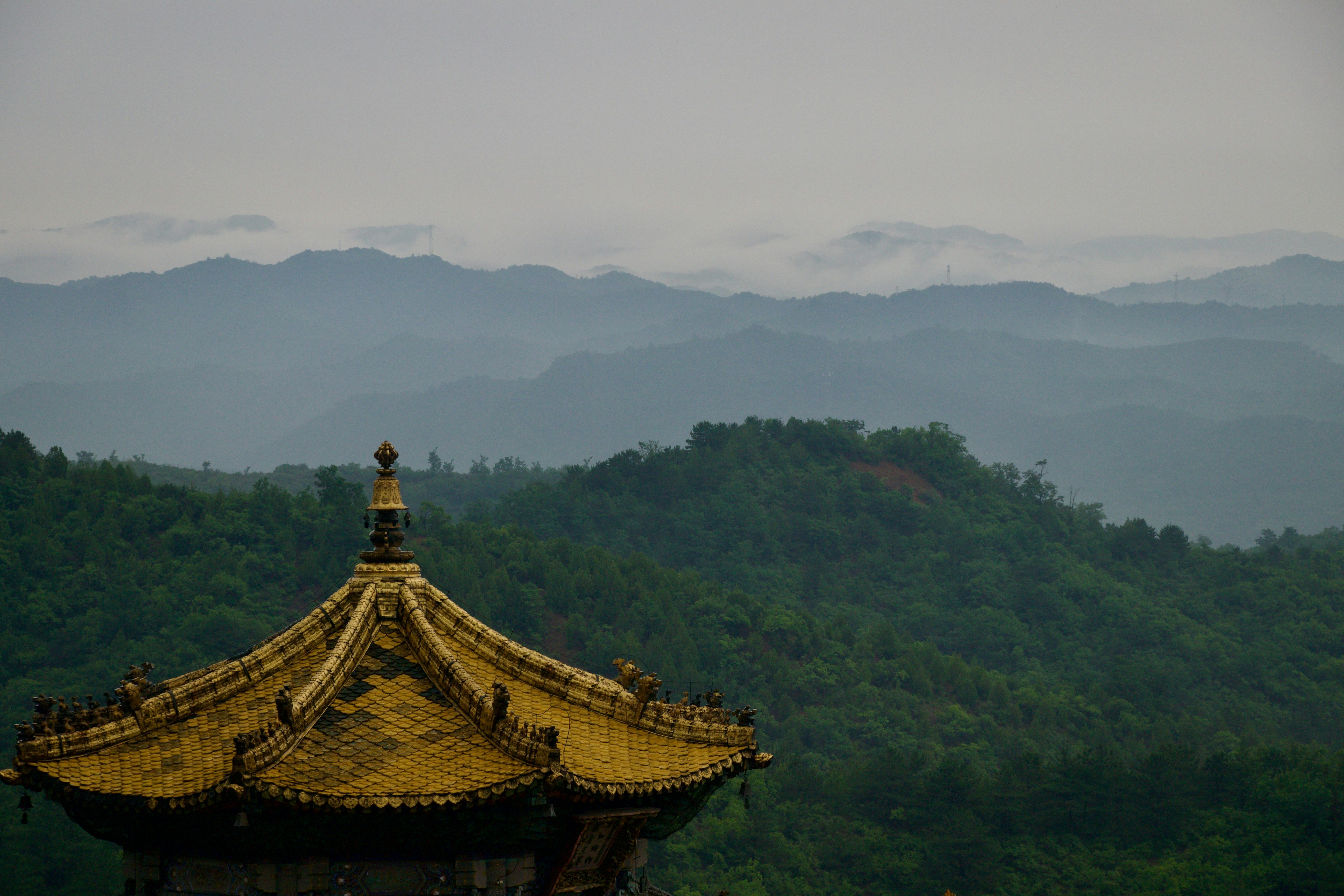 Golden temple roof sits in the foreground with layered green hills fading into blue mist in the distance.