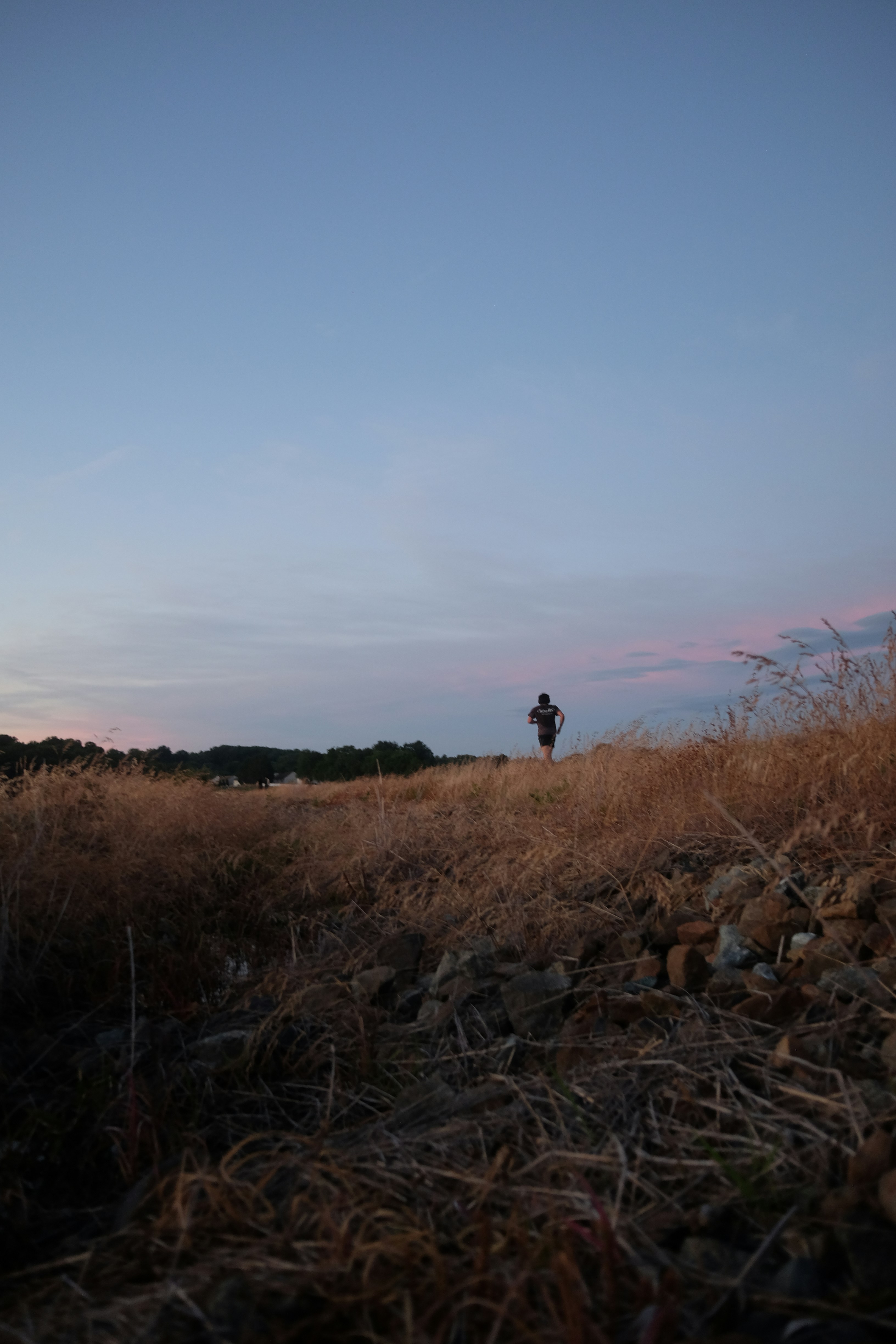 Sunset-lit hillside with a lone runner near the horizon, dry grasses in the foreground and a wide sky above. The scene emphasizes solitude and the scale of the landscape.