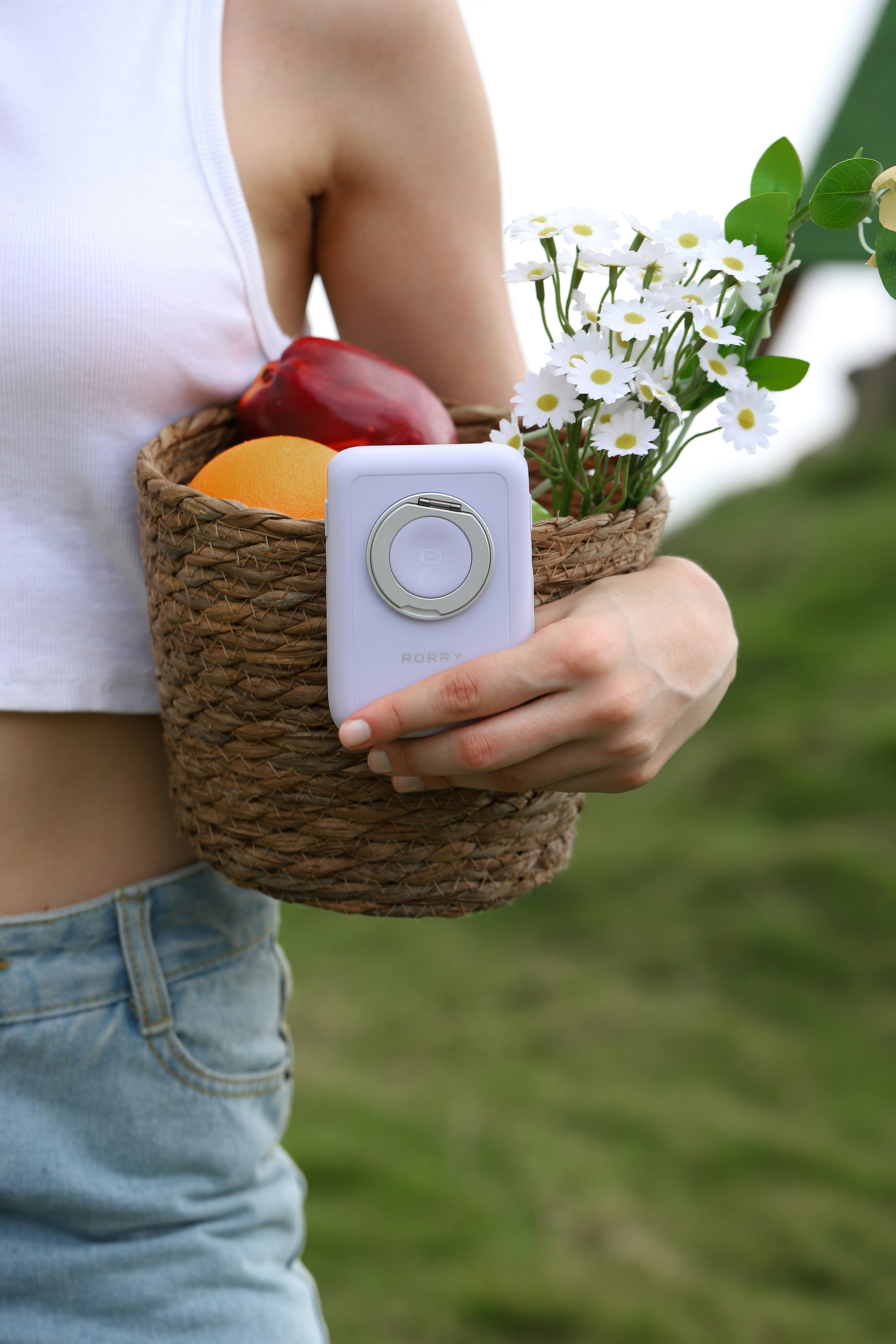 Basketful of Quiet Joy: A Basket, Flowers, and a Subtle Gadget