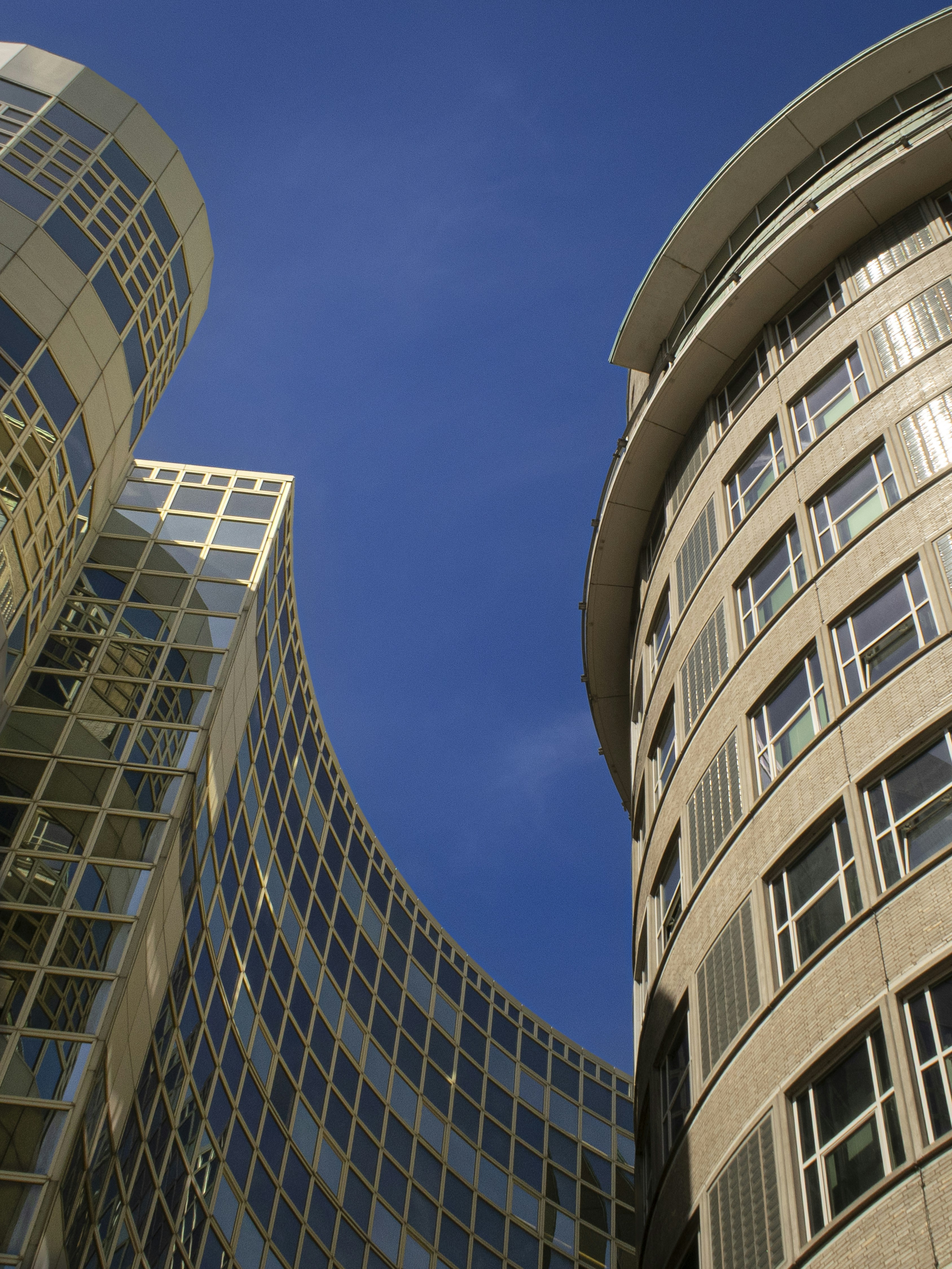 Architectural Confluence: Curved Glass Meets Brick Facade Against a Clear Blue Sky