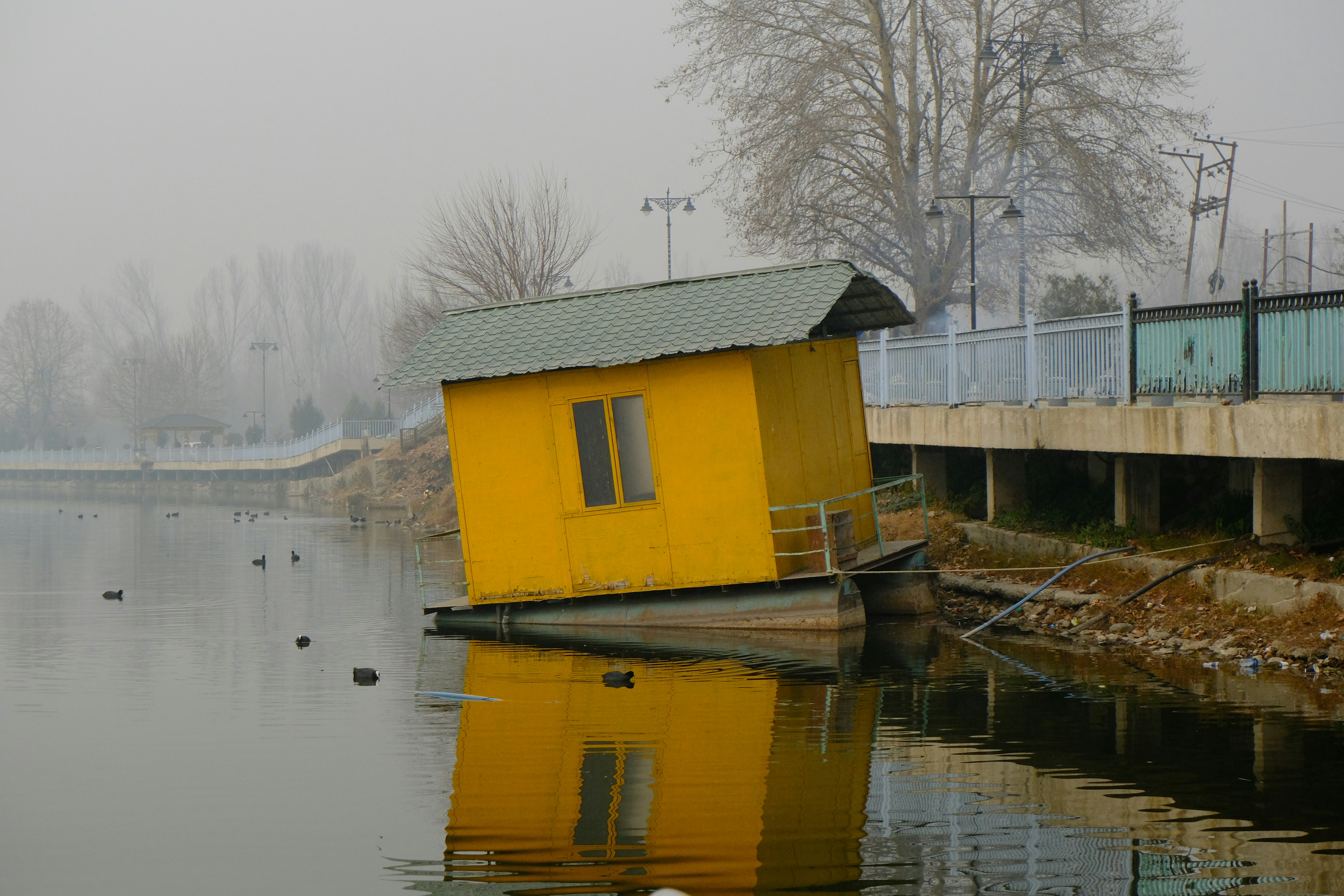 Yellow House on the Quiet River: a tilted beacon by the embankment