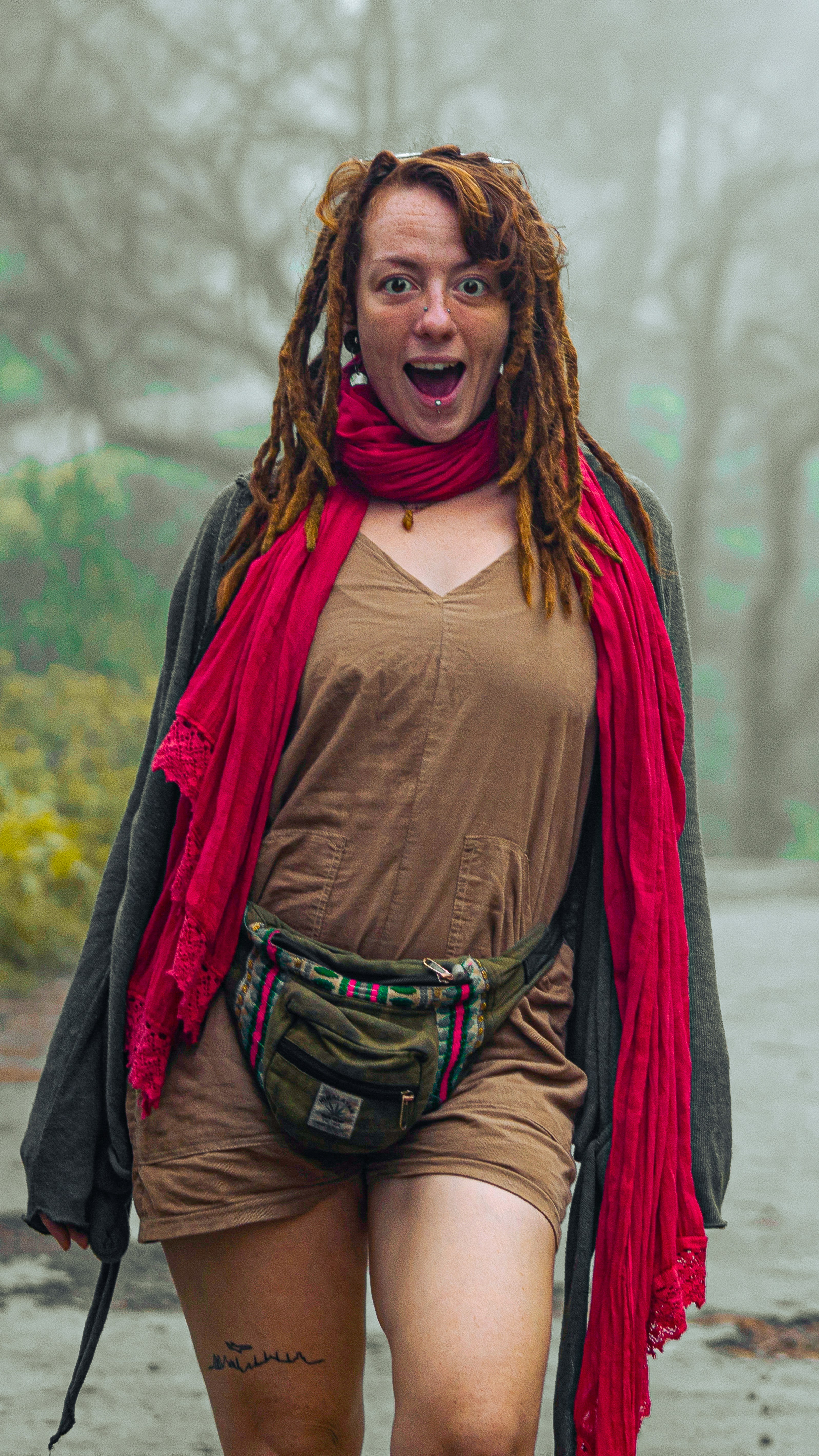 Joyful Wanderer in a Misty Park