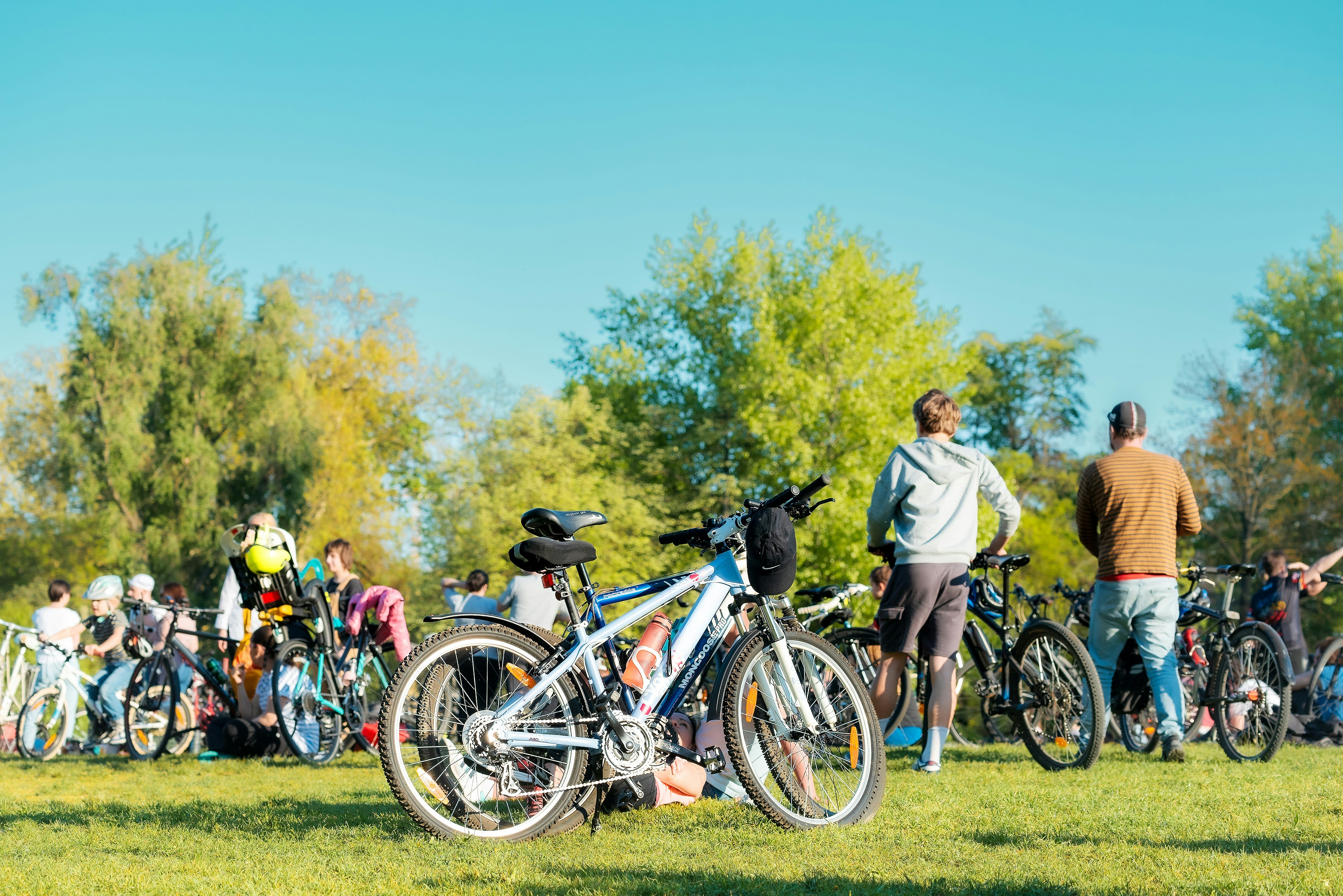 Bikes Resting on the Grass at a Community Bike Ride