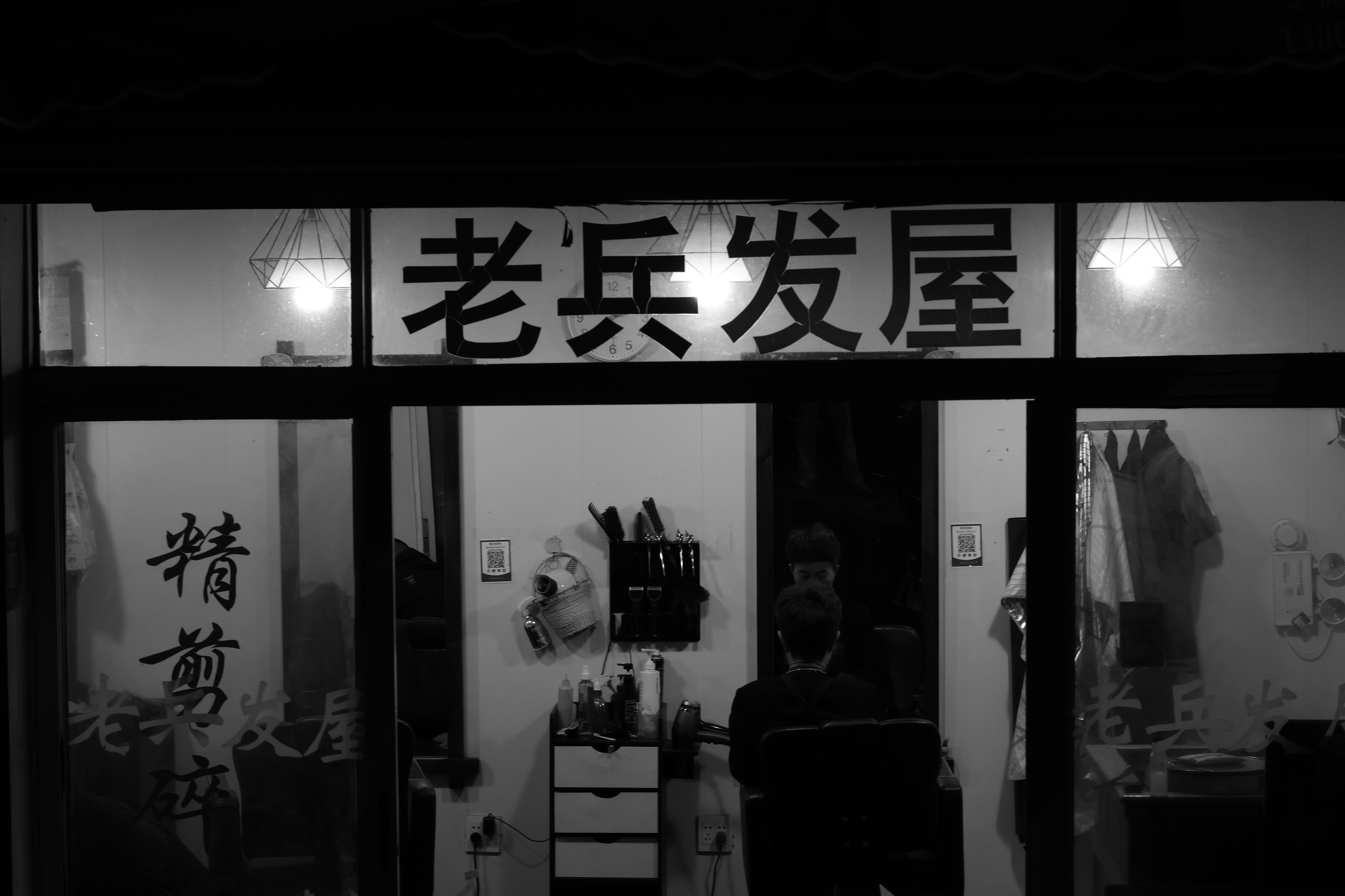 Shadowed Salon: Quiet Portrait Behind the Glass Door