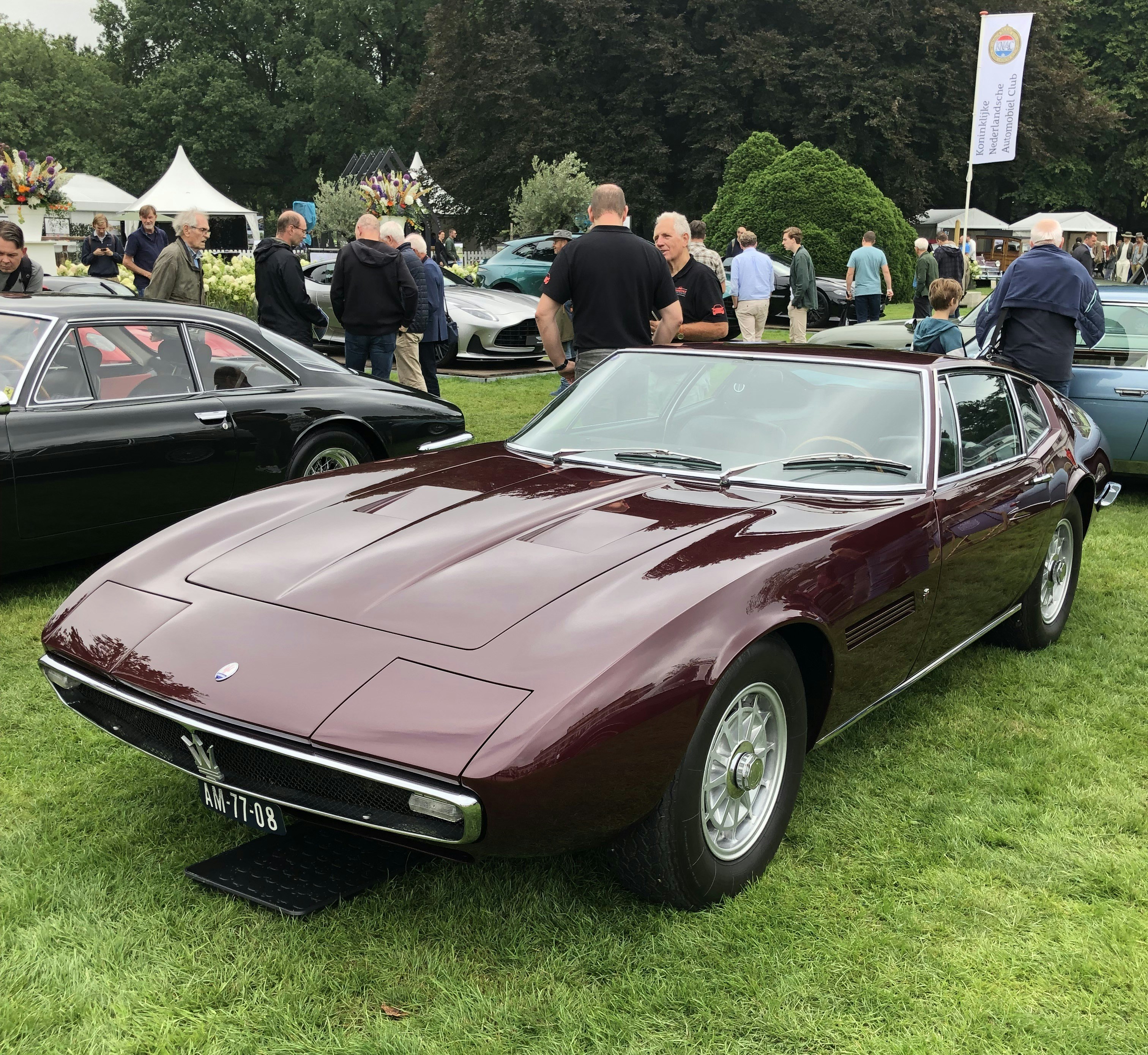 Maroon Classic: A Sleek Vintage Maserati-Like Showpiece at a Car Gathering