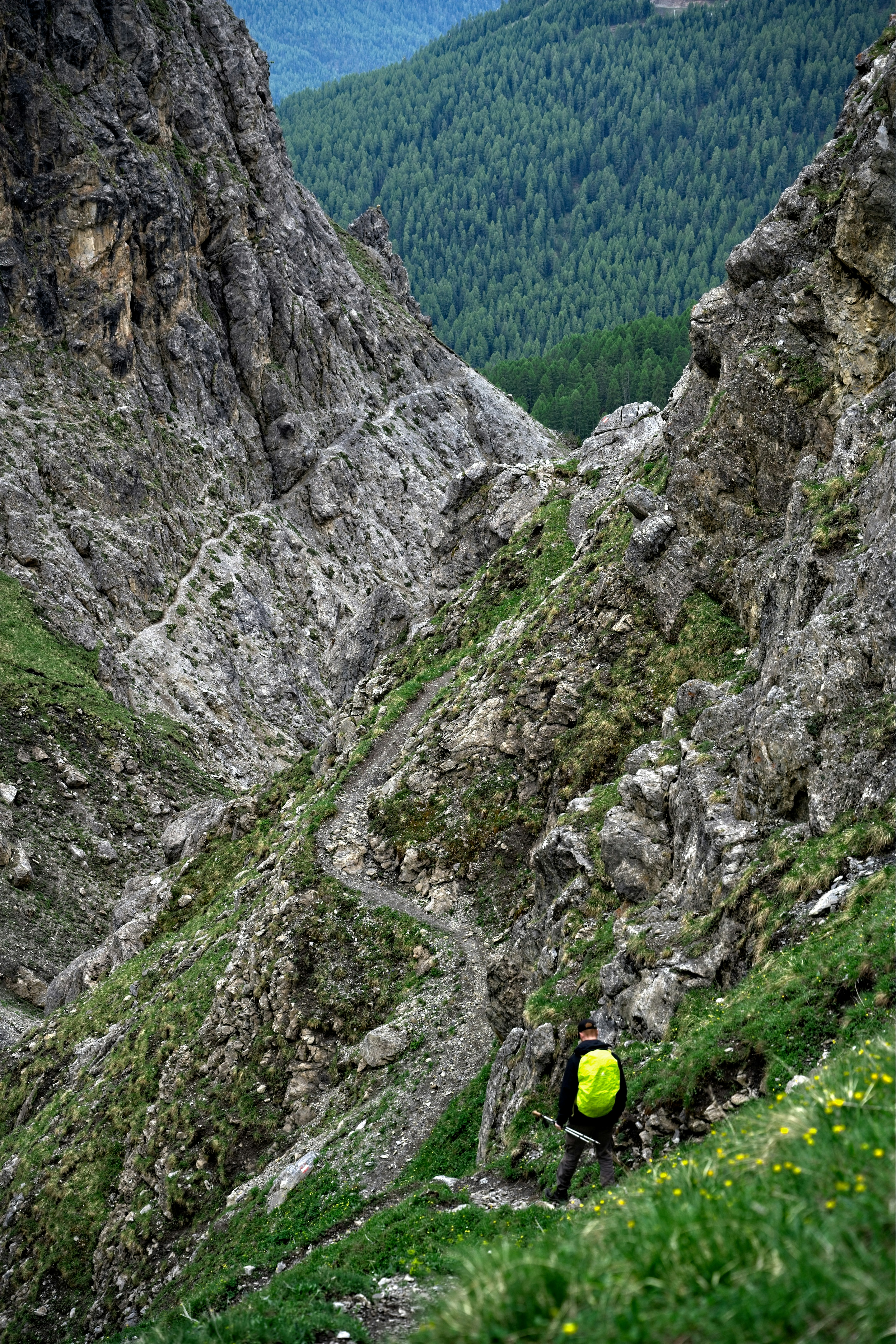 Climber in a Narrow Alpine Gully