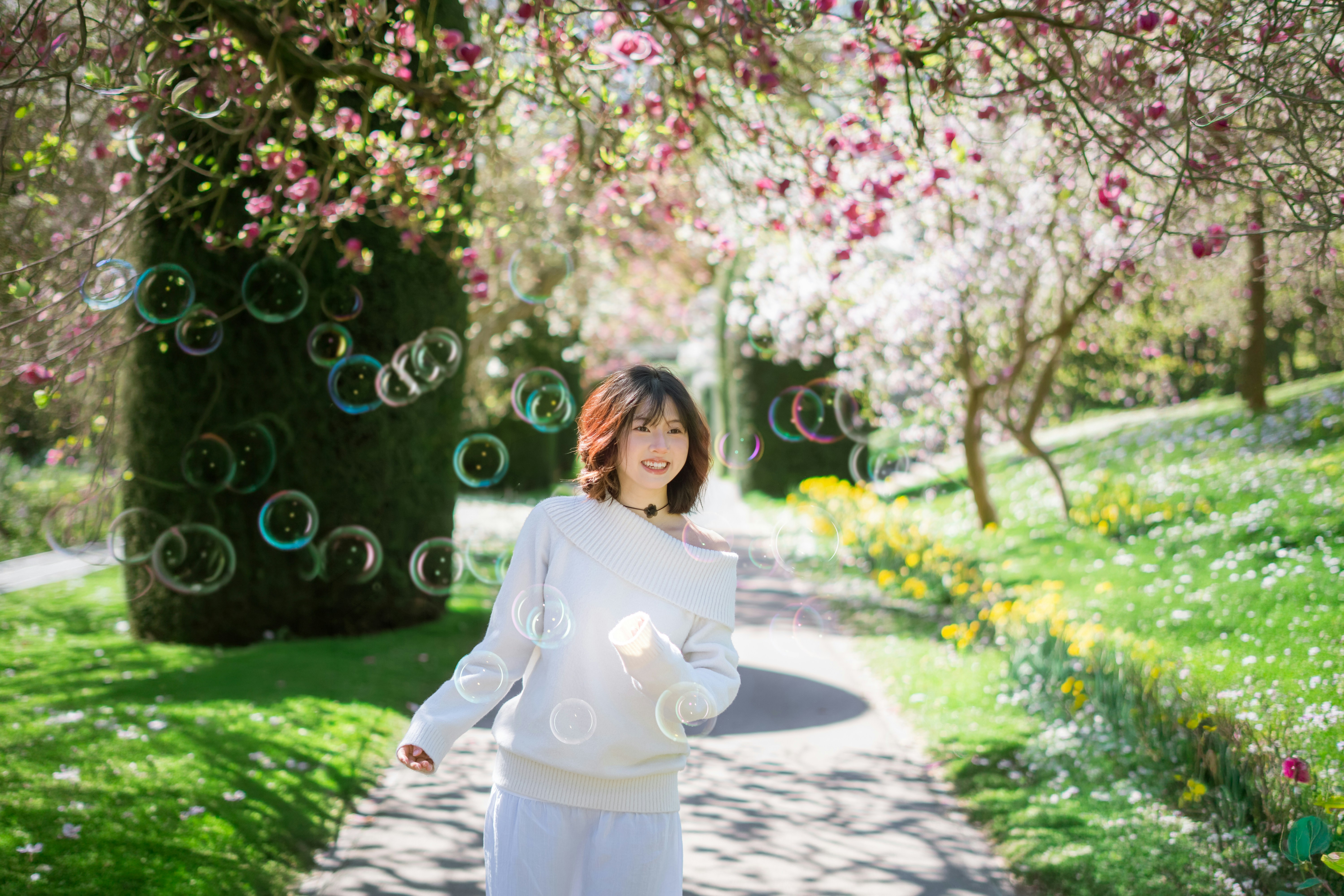 Joyful Portrait Amid Spring Bubbles