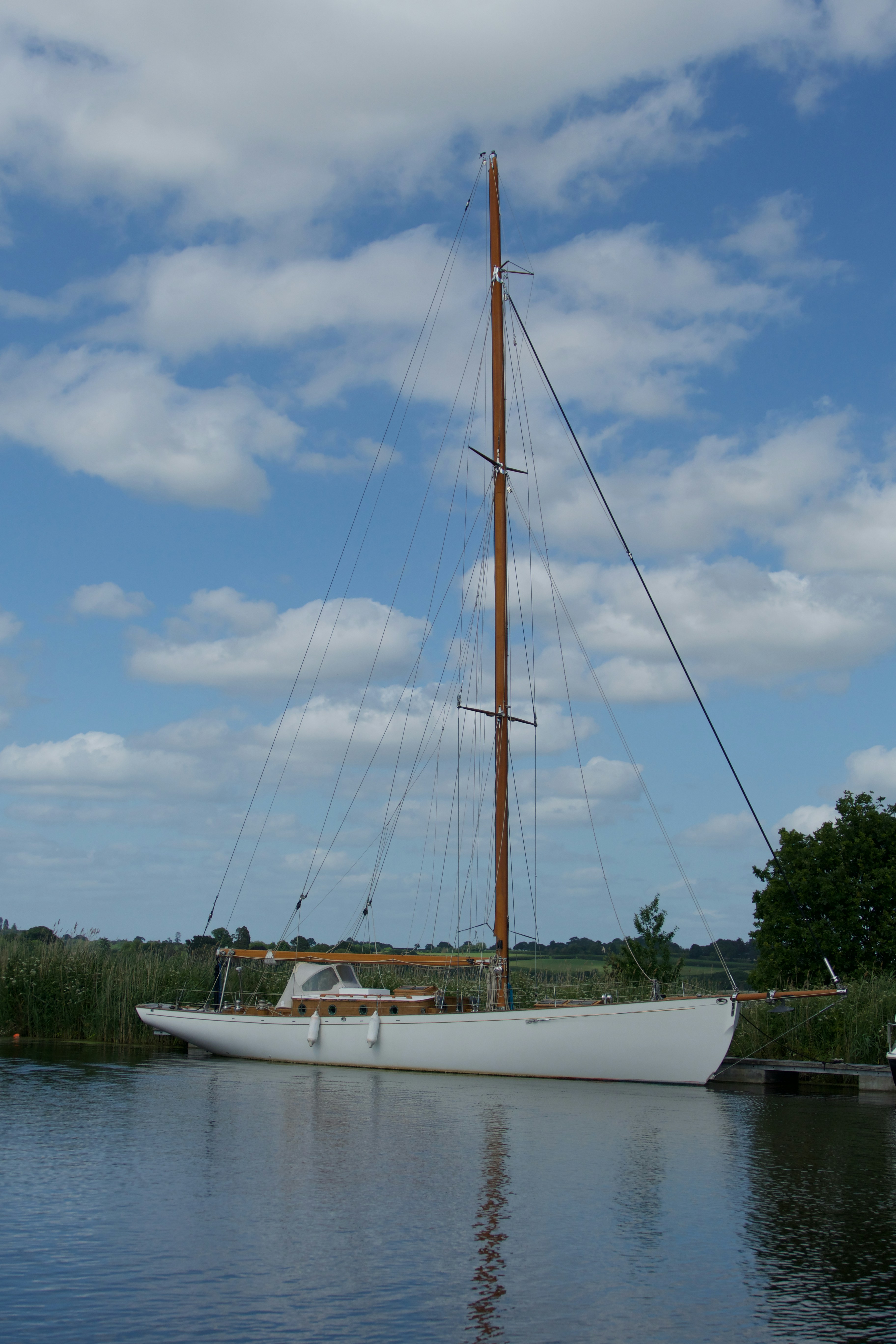 Stillness by the Mooring: White Sloop under a Blue Sky
