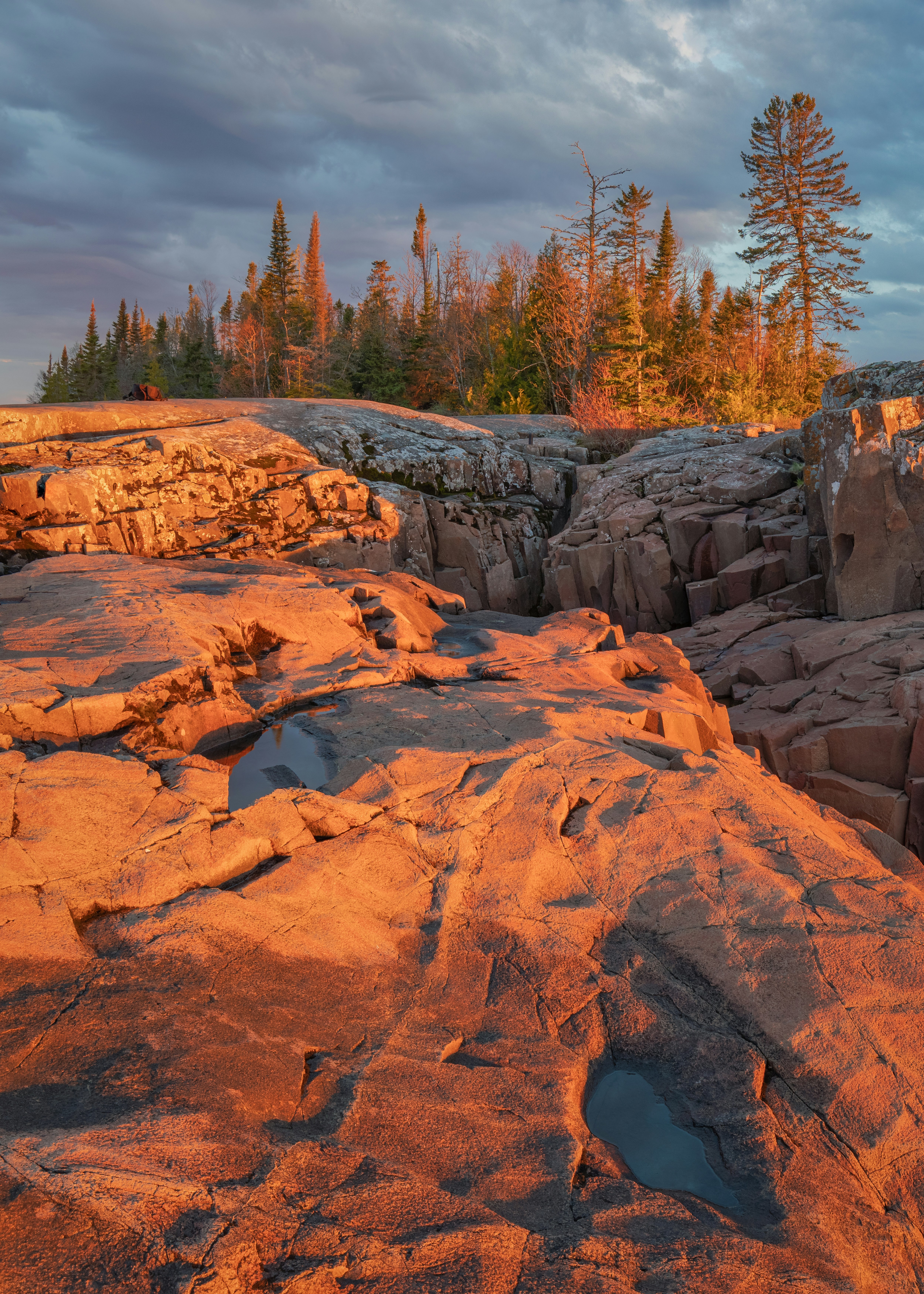 Rugged rocky shoreline bathed in warm sunset light, featuring jagged orange rock formations and a distant tree line under a dramatic sky.