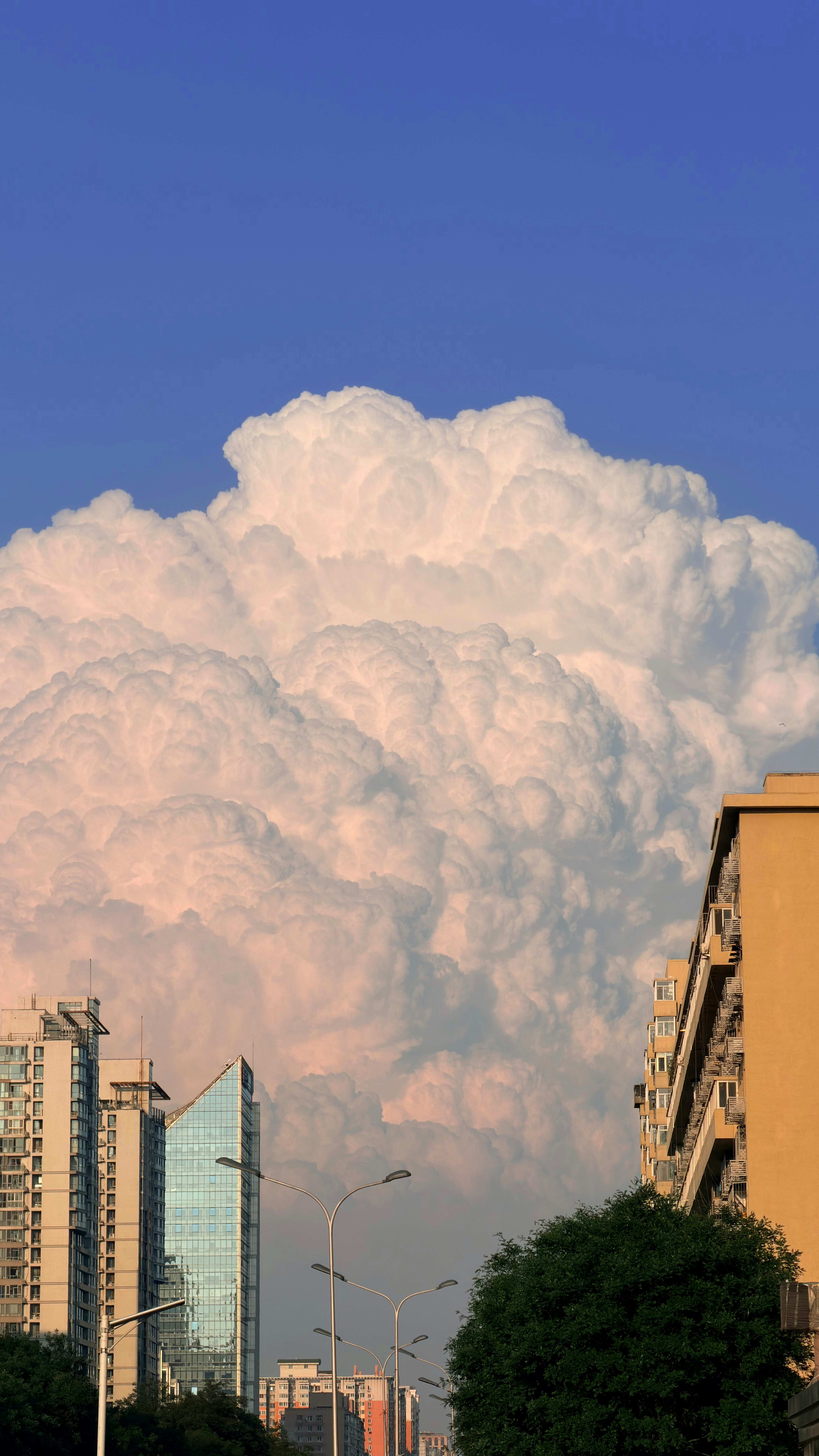 Sunlit cumulus clouds loom over a modern skyline with tall buildings and street lamps beneath, emphasizing vertical scale and urban silhouettes.