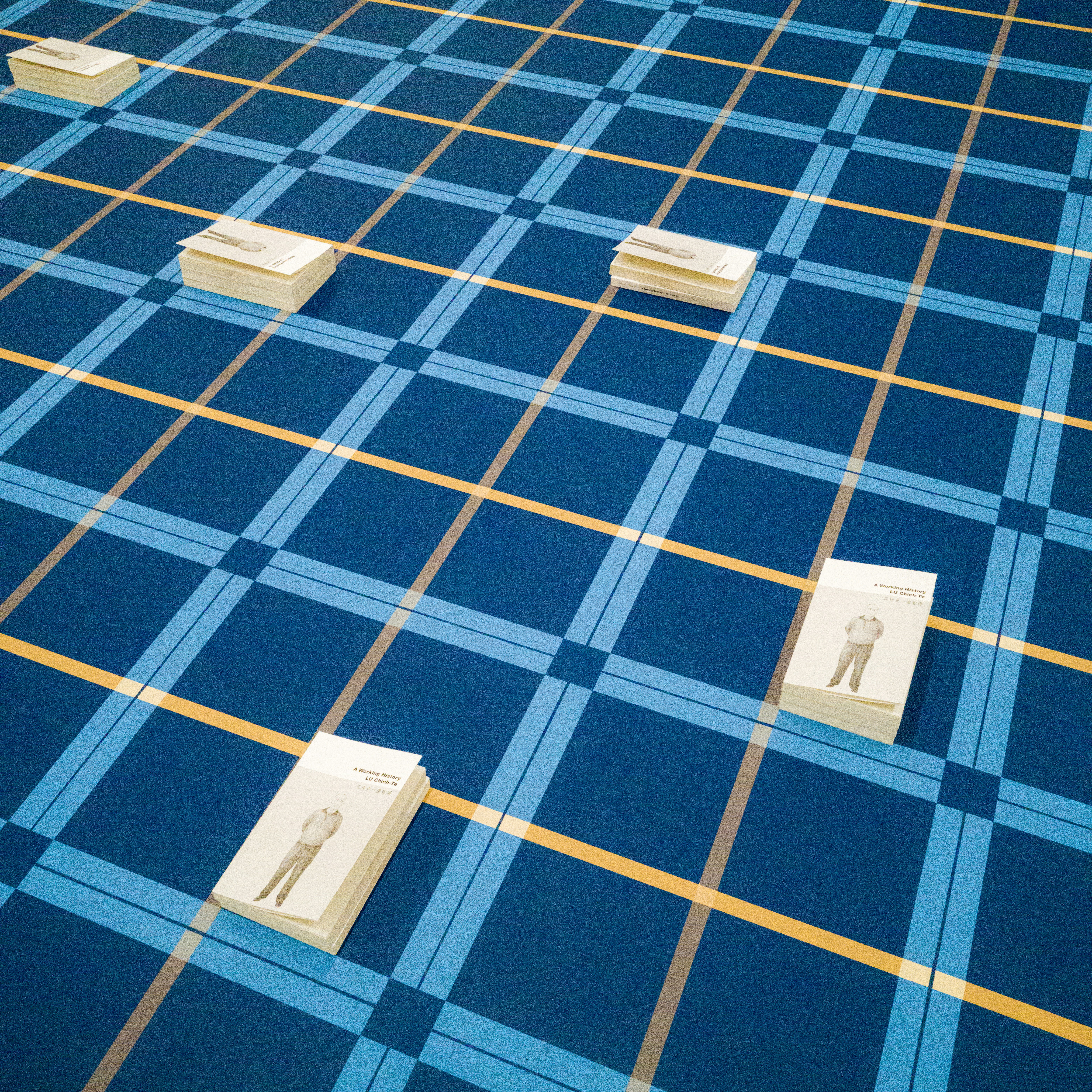 Blueprint of Quiet Depths: White Booklets on a Grid of Blue and Gold