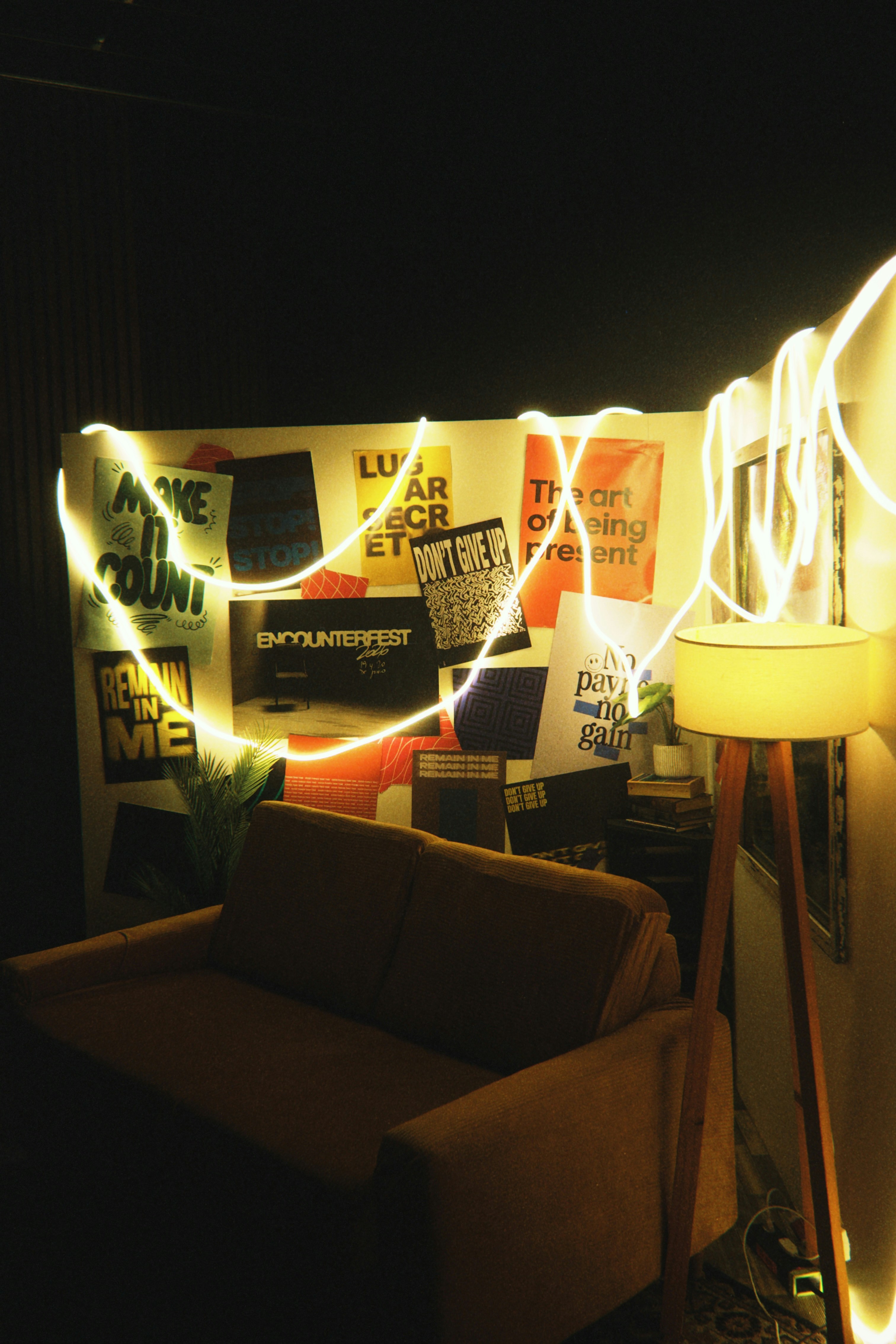 Cozy Corner of String Lights and Posters