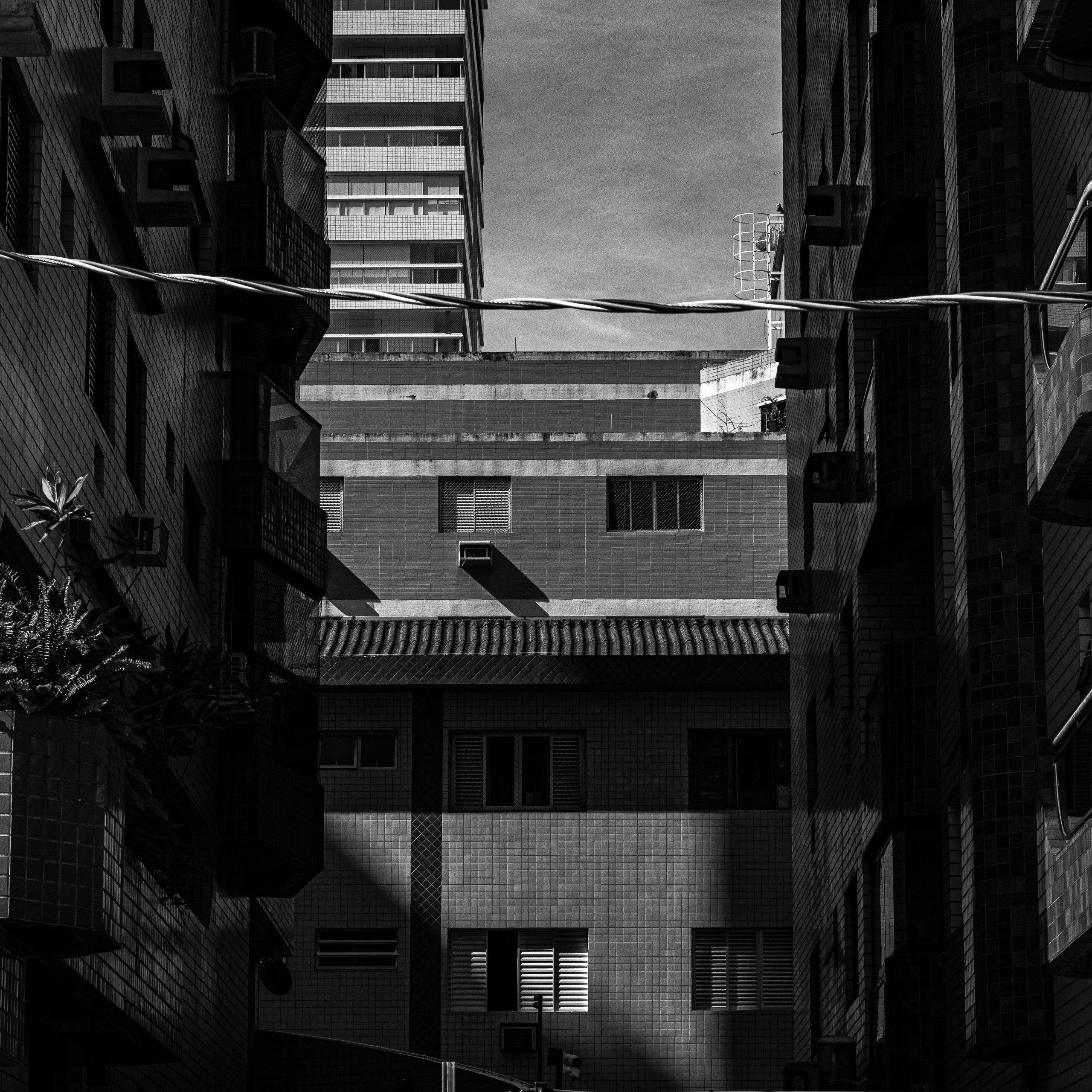 Urban canyon of buildings, stark shadows, and light create a dramatic, contemplative atmosphere.