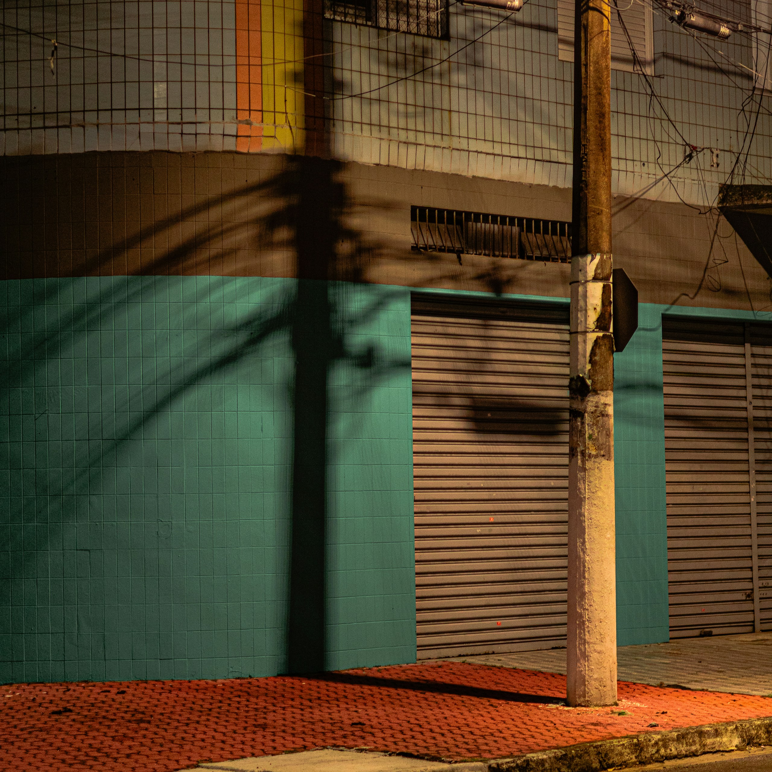 Shadowed Facade Under Neon Light