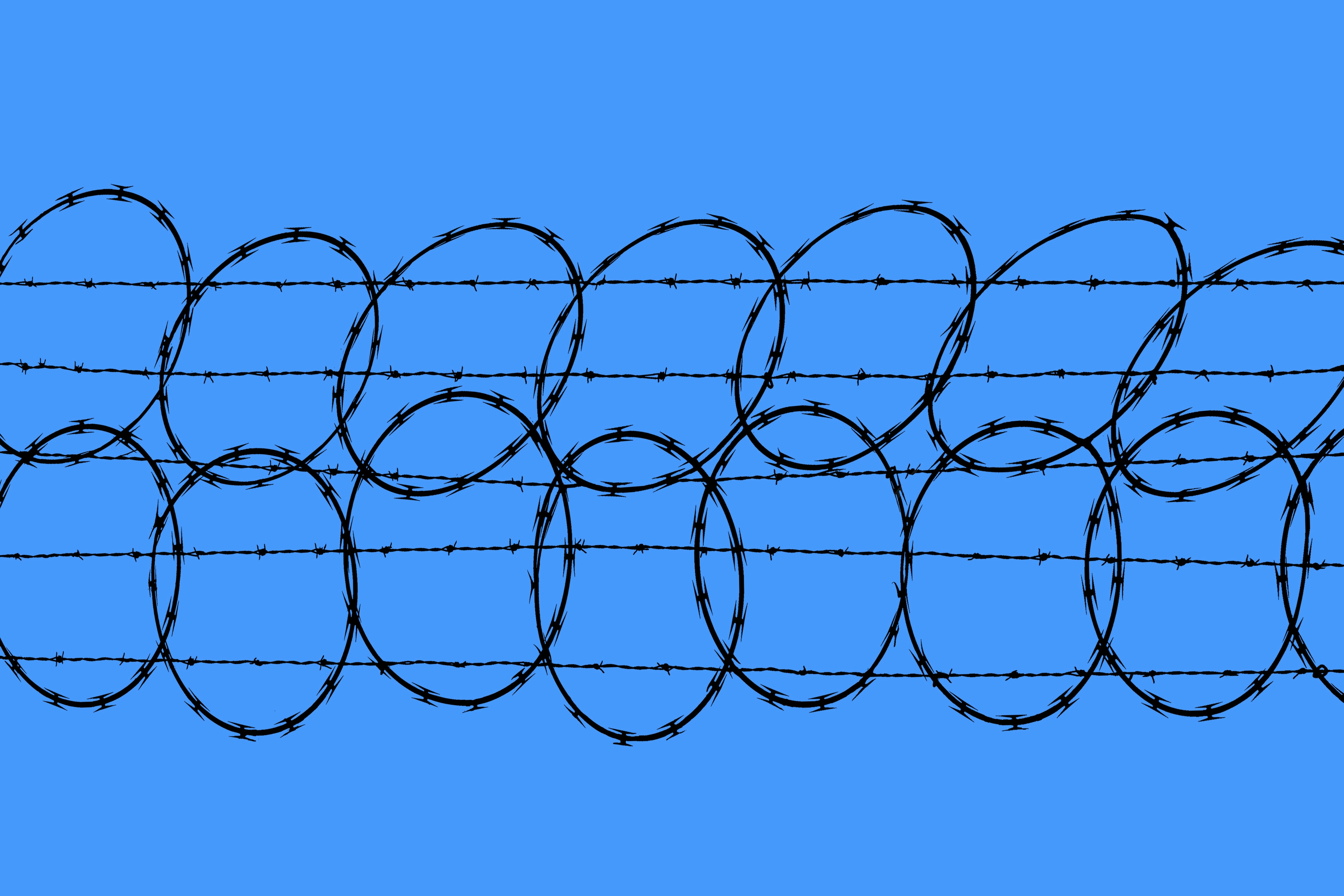 Barbed Rhythm: Loops of Barbed Wire Crown a Blue Field