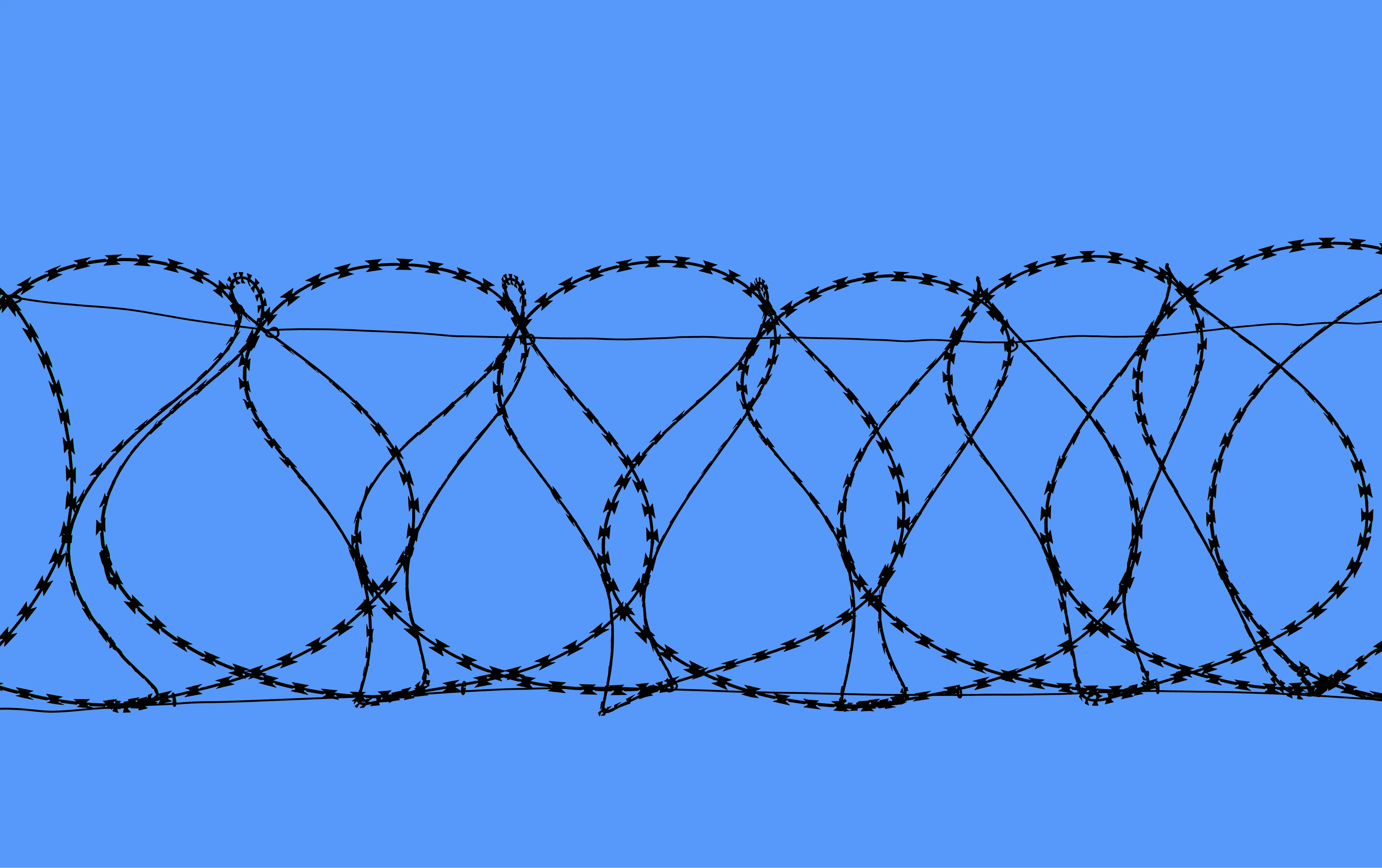 Blue background with a repeating pattern of barbed wire segments across the lower third, forming a continuous curve while leaving the majority of space uncluttered.