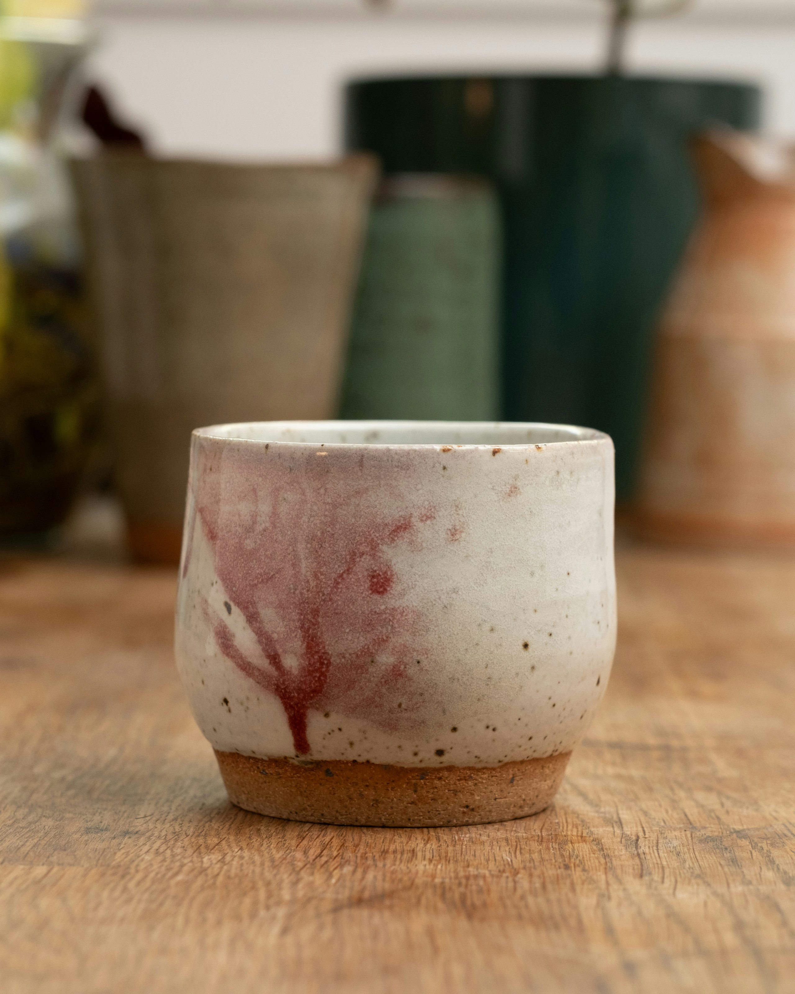 Ceramic Vessel on Wooden Surface with Garden-ware Backdrop
