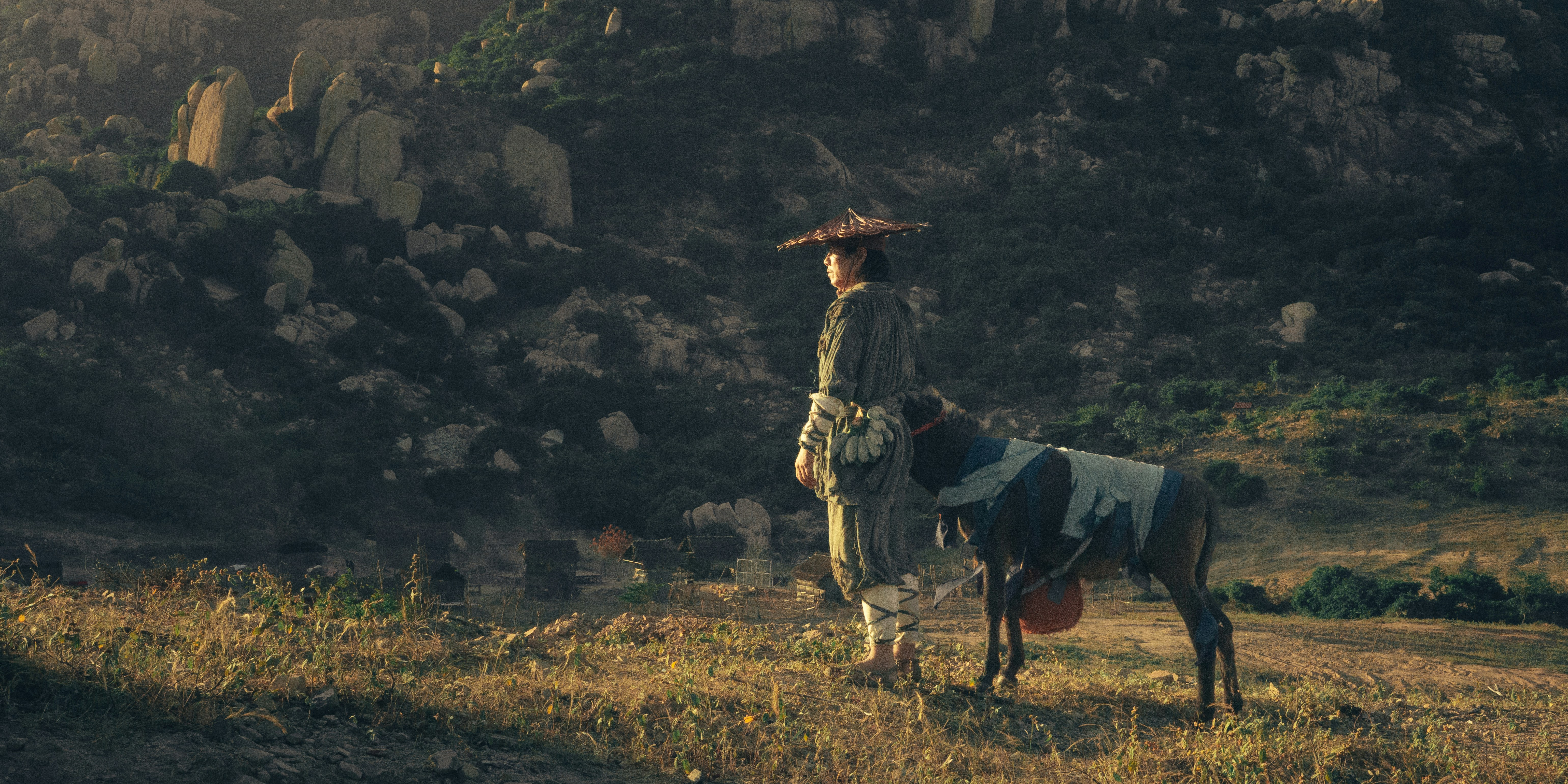Rugged Trail Sentinel: A Lone Figure with Pack Animal Beneath Wide Open Skies