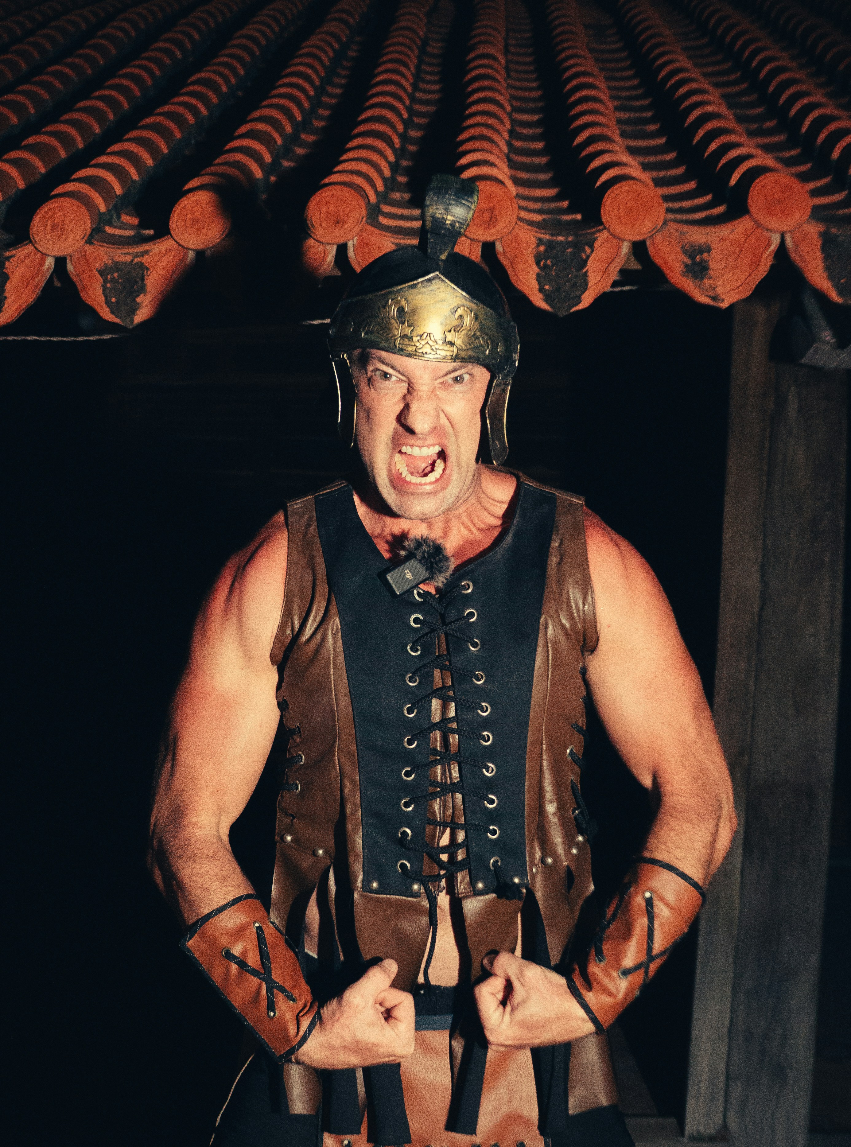 Ferocious Gladiator Roar Beneath the Tiled Roof