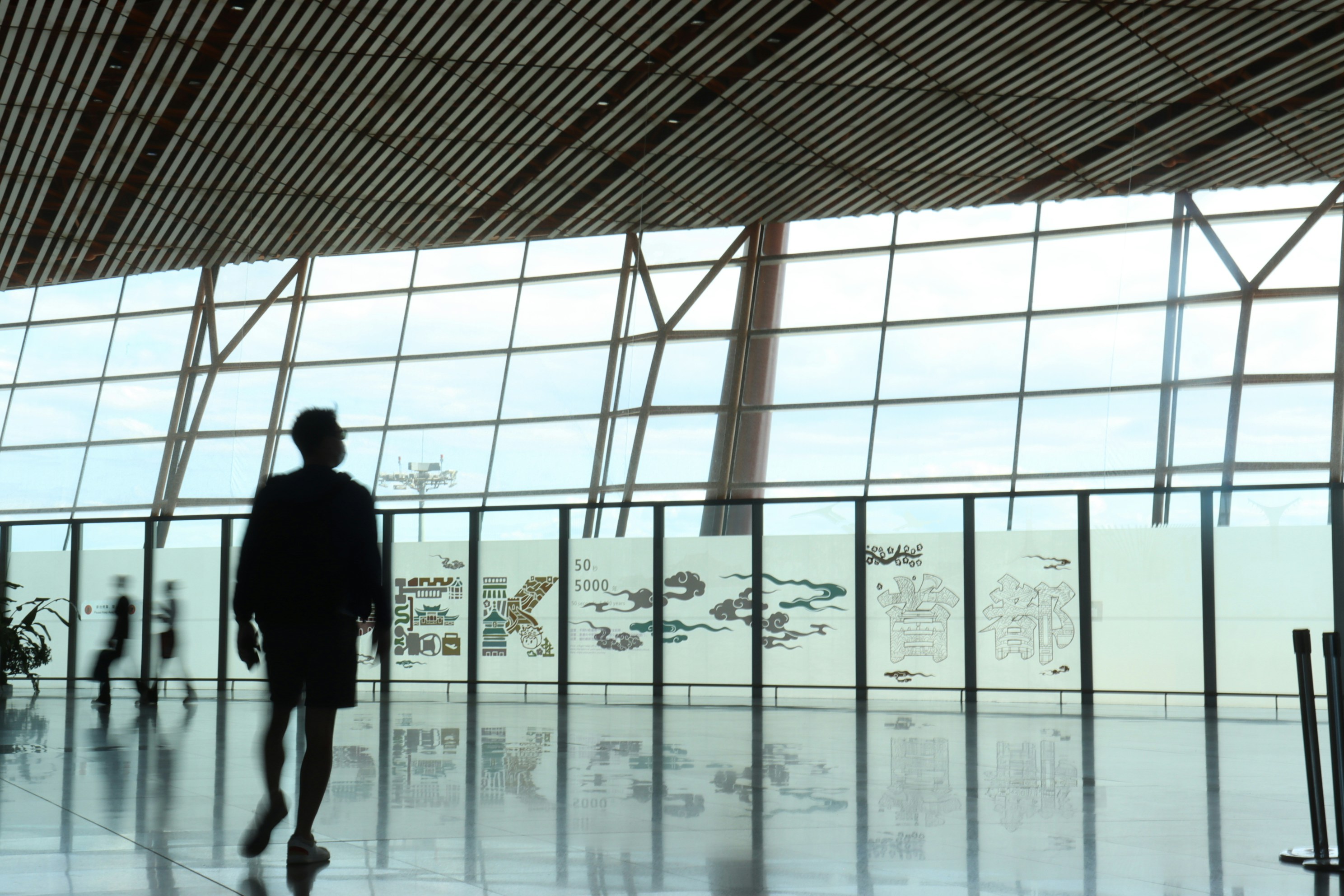 Silhouette in a Glass Hall: A lone traveler amid glass and light