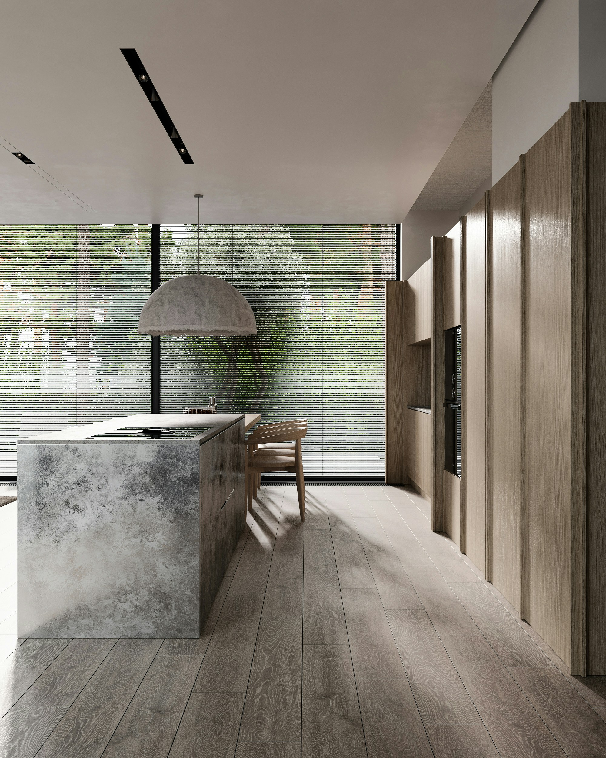 Modern kitchen with concrete island, wooden cabinets, and large windows ...