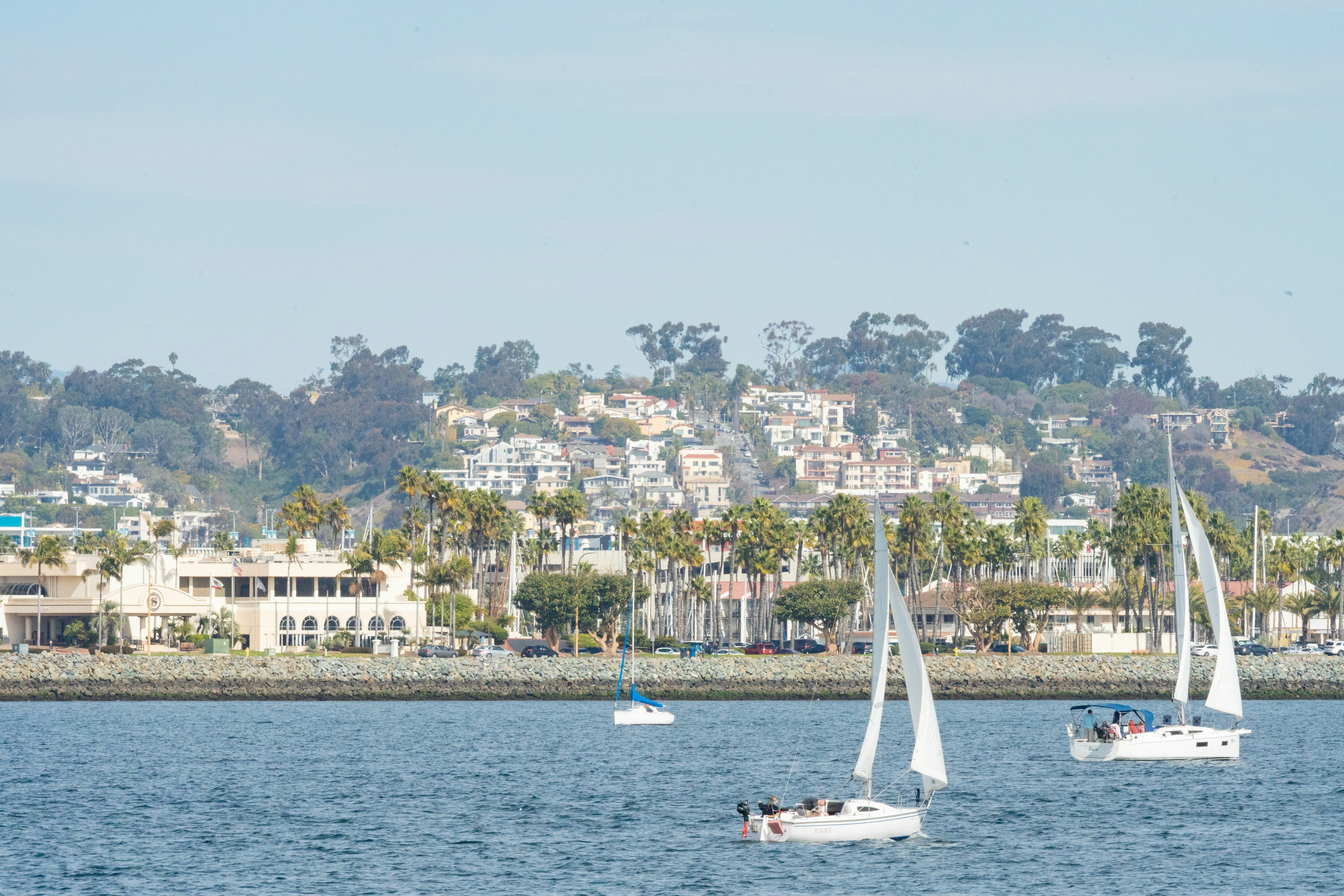 Sailboats Gliding Past a Coastal Town