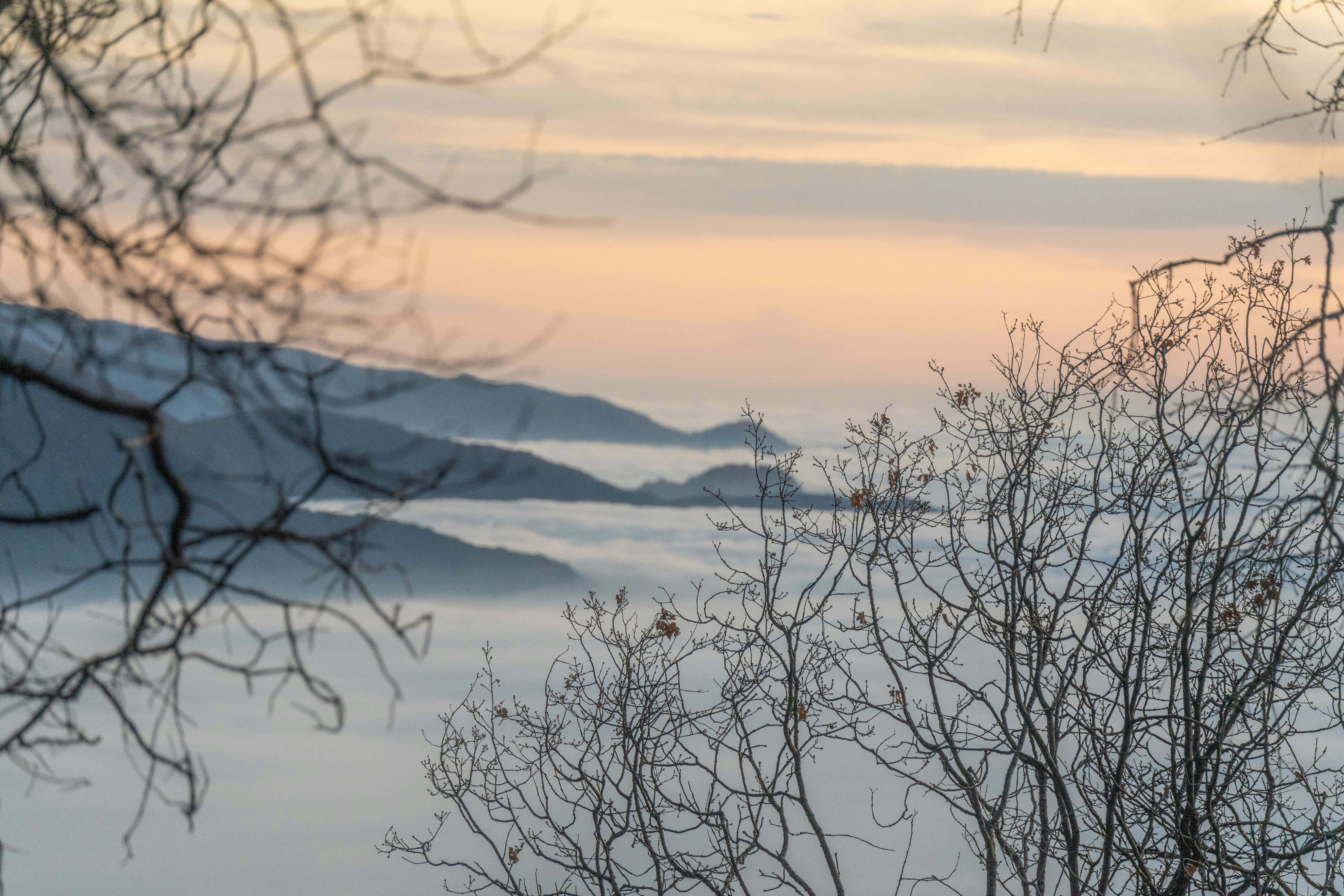 Distant Peaks Veiled in Dusk Mist