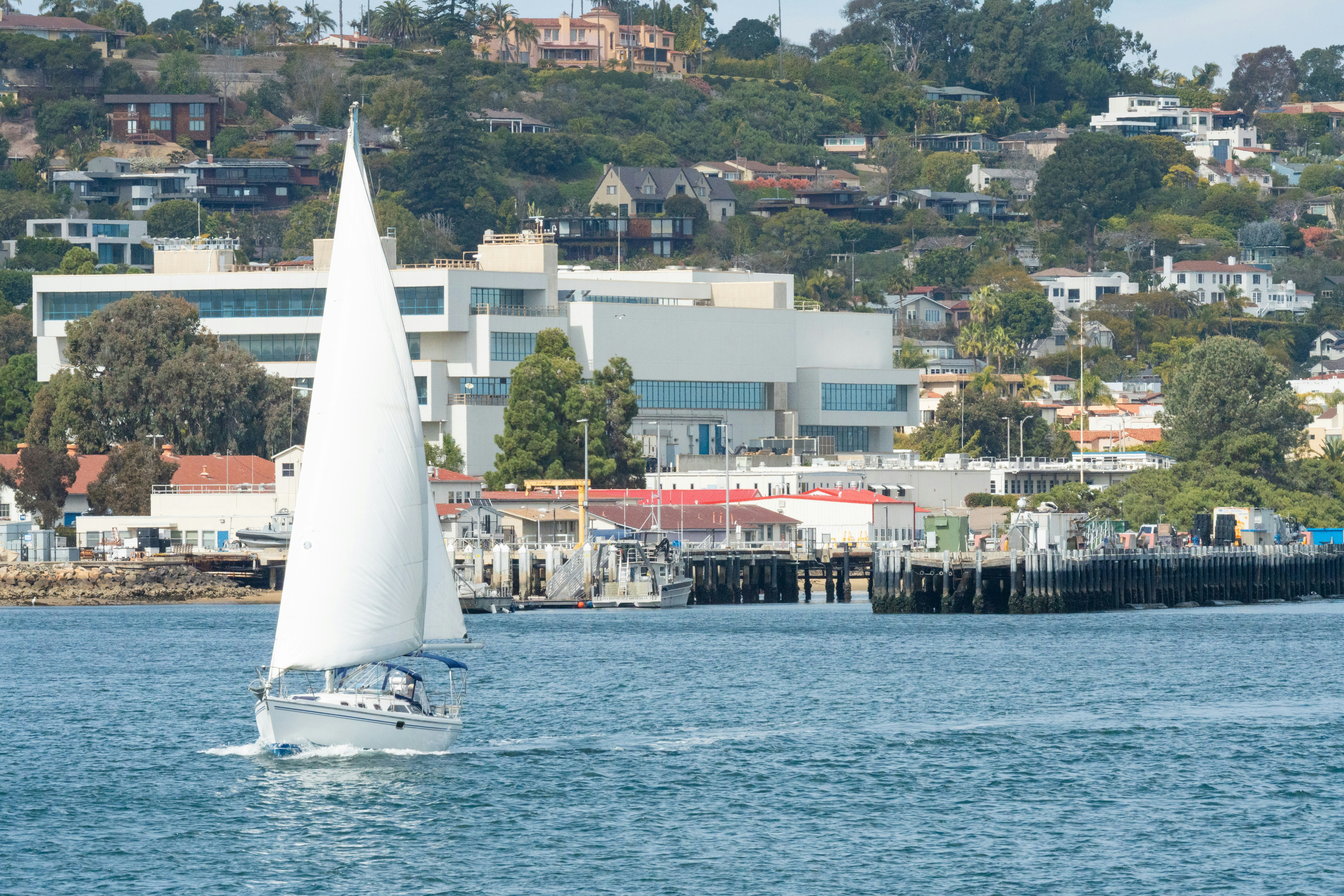Sailing Past a Coastal Town: A White Sloop Courting the Blue Expanse