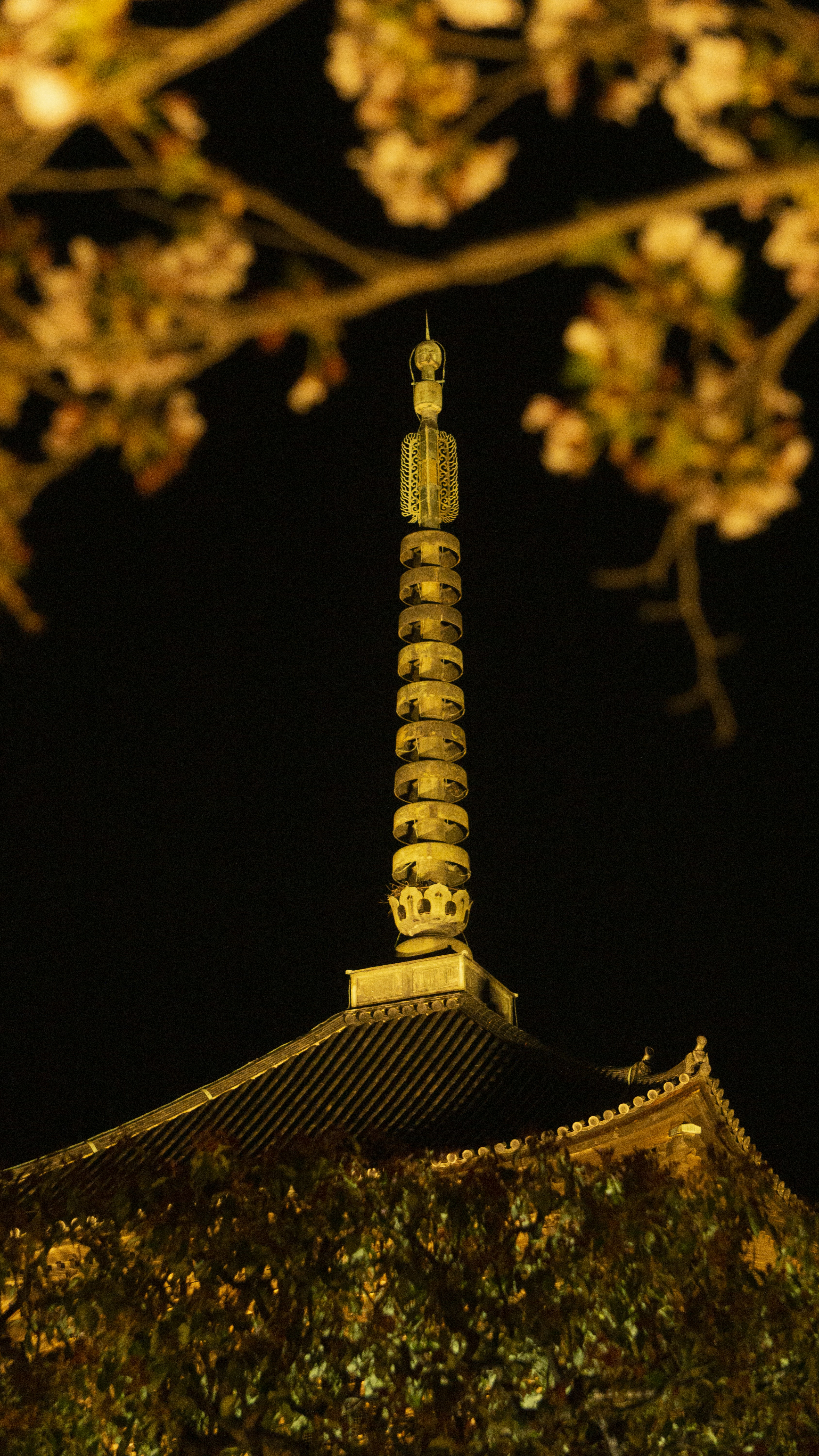 Night Sentinel: A pagoda spire rises above moonlit eaves