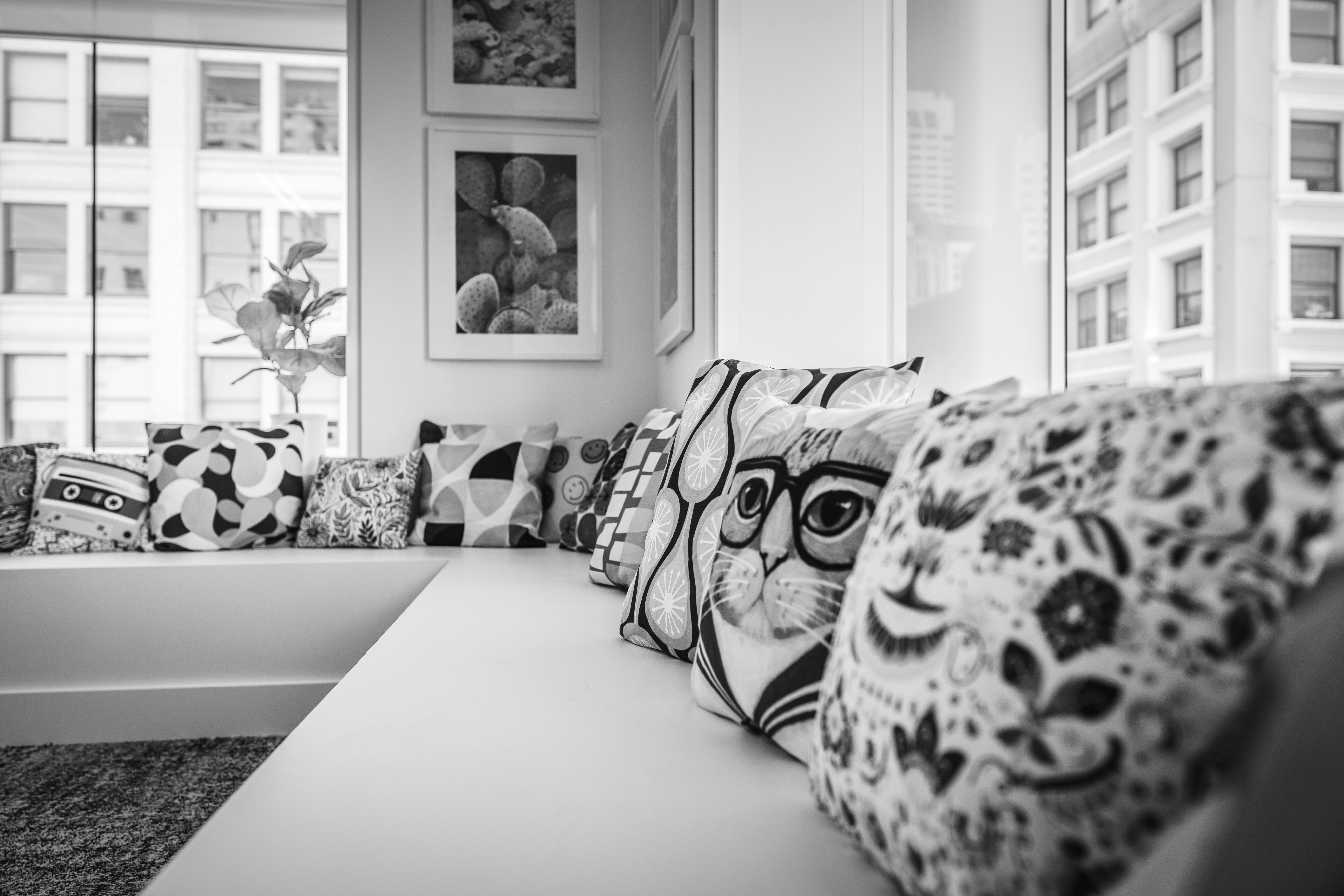Cushioned gallery: a row of patterned pillows lining a sunlit window seat
