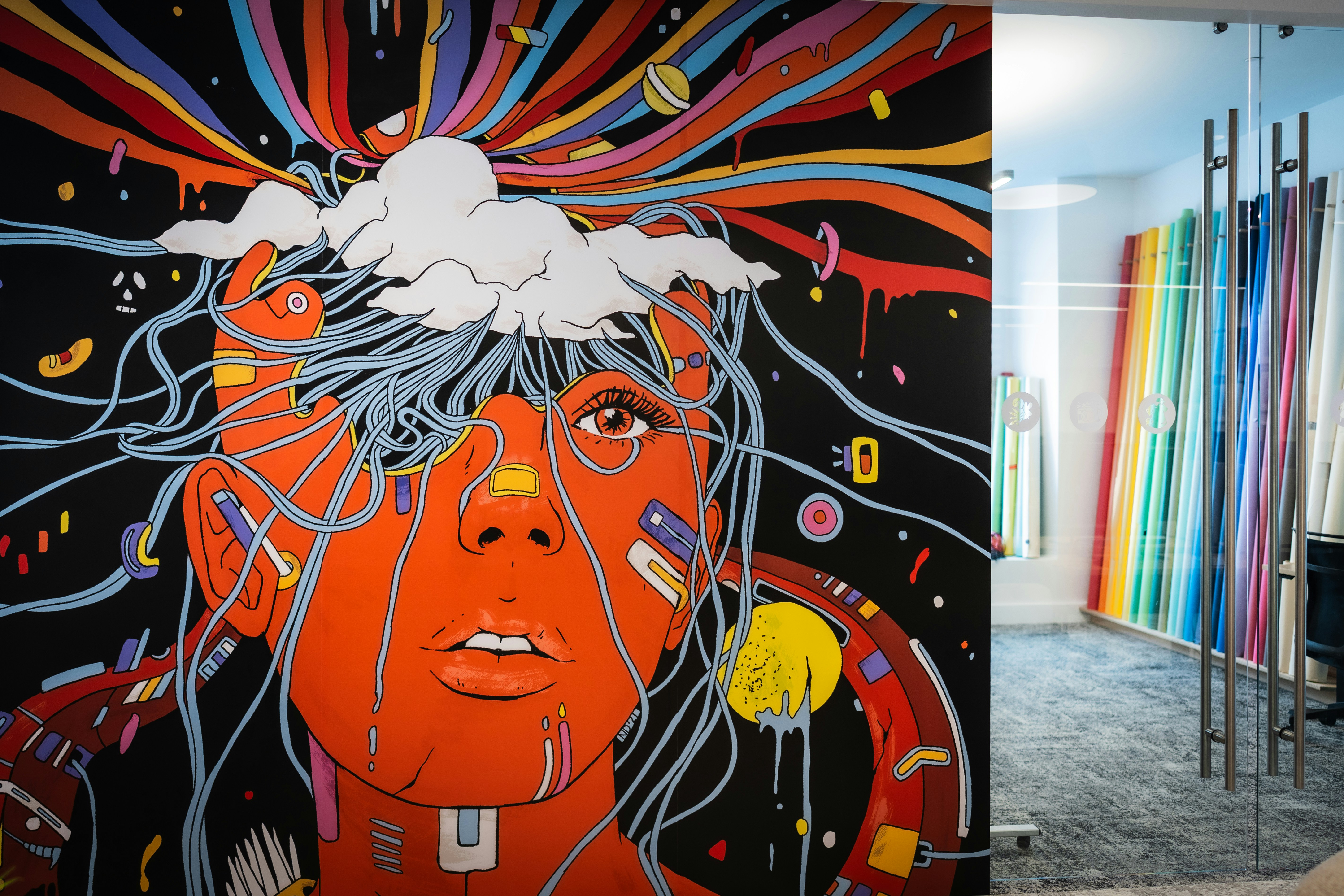Vivid Headscape: Electric Portrait of a Helix-Threaded Figure in a Colorful Gallery